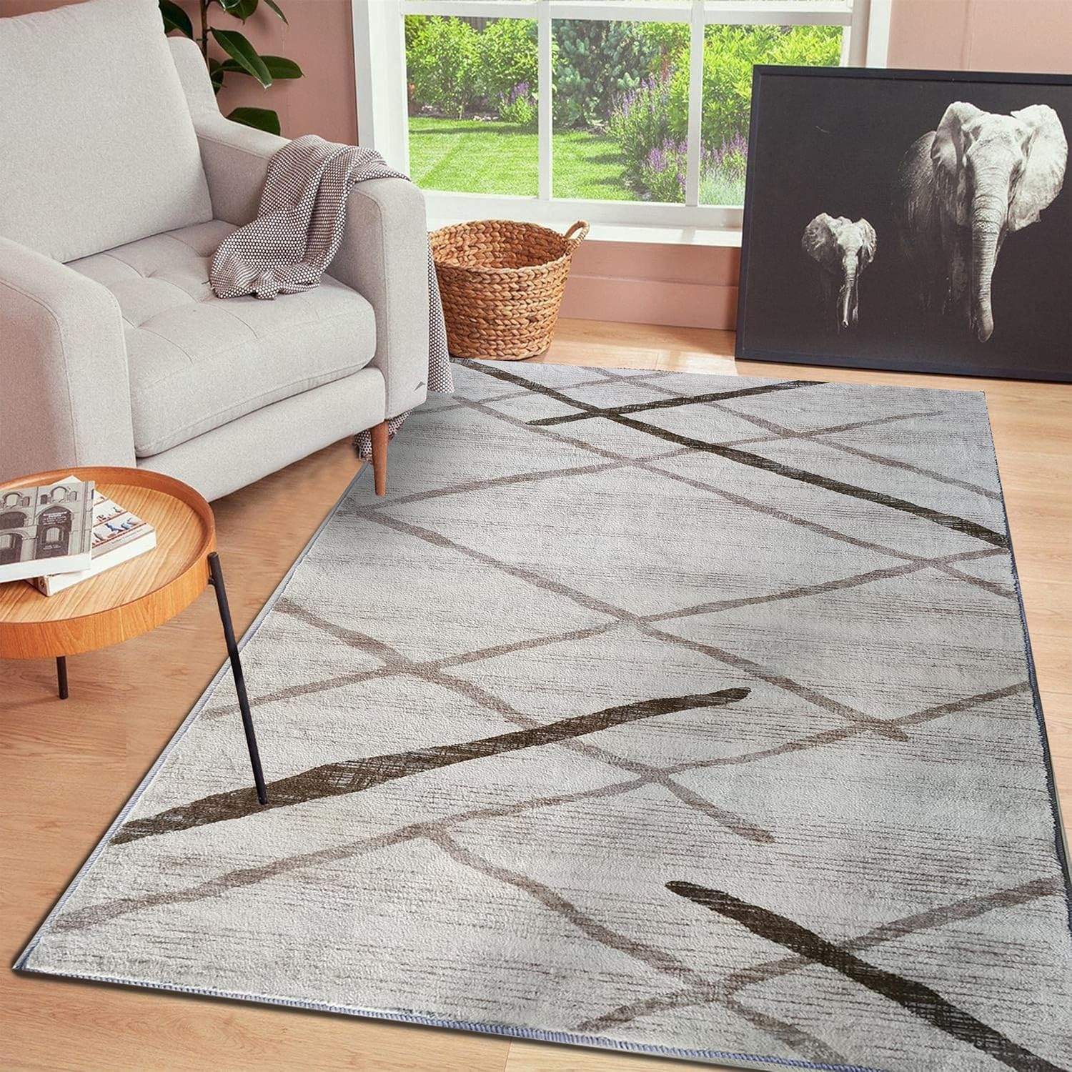 JV Home Area Rug Stripes Beige 4'x6' Rugs Washable Carpet Anti Slip ...