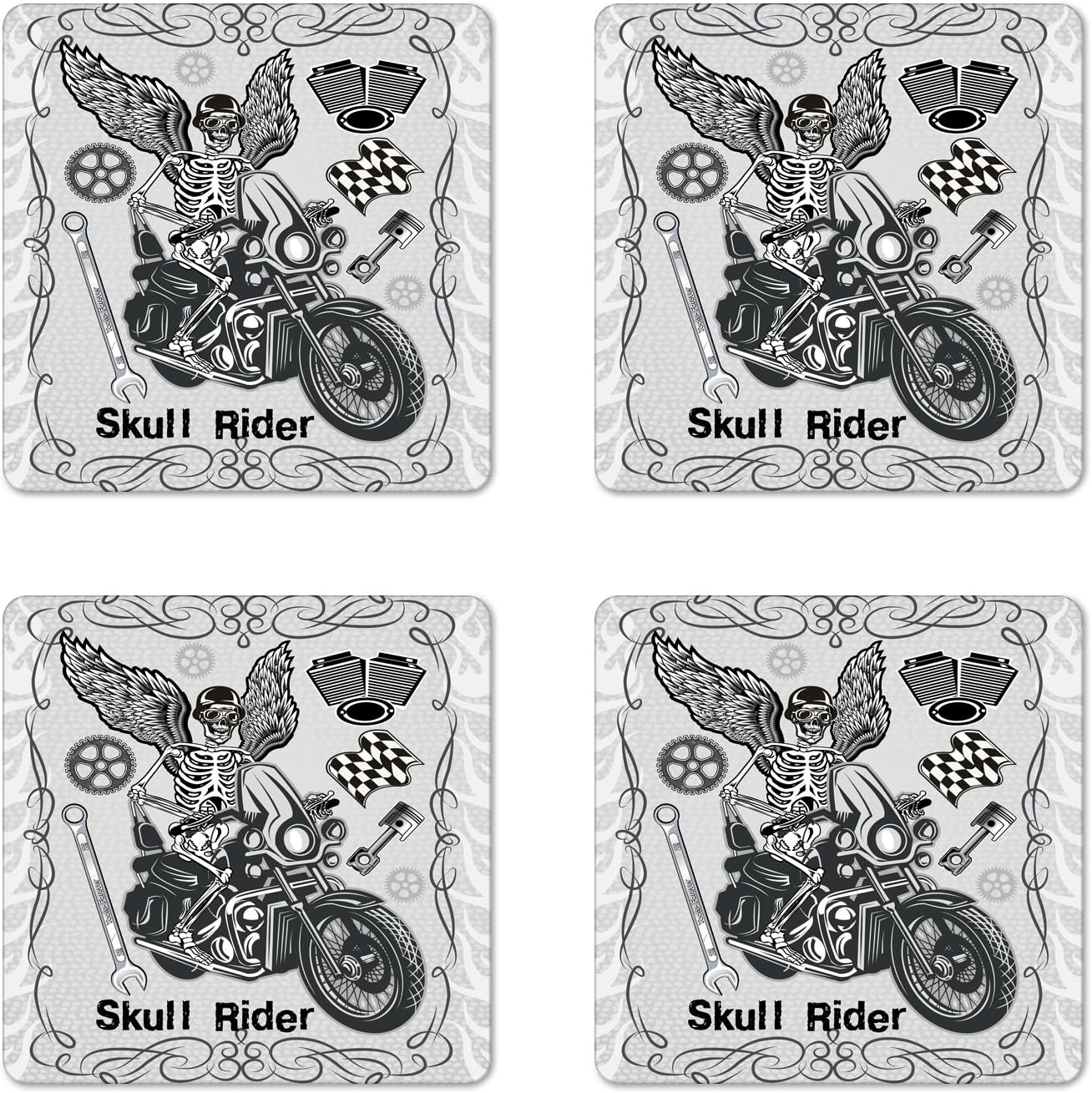 Amazon.com: Lunarable Motorcycle Coaster Set of 4, Evil Hipster Dead ...