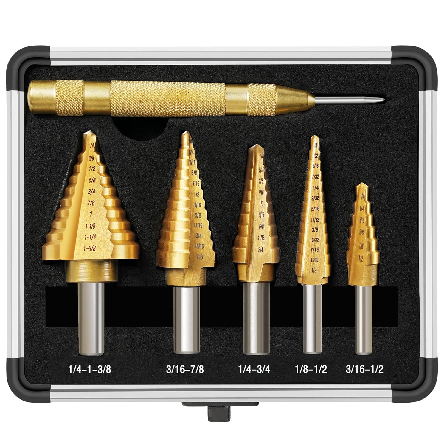 BeHappy Step Drill Bit Set, 5Pcs Titanium Step Drill Bit Set, High ...