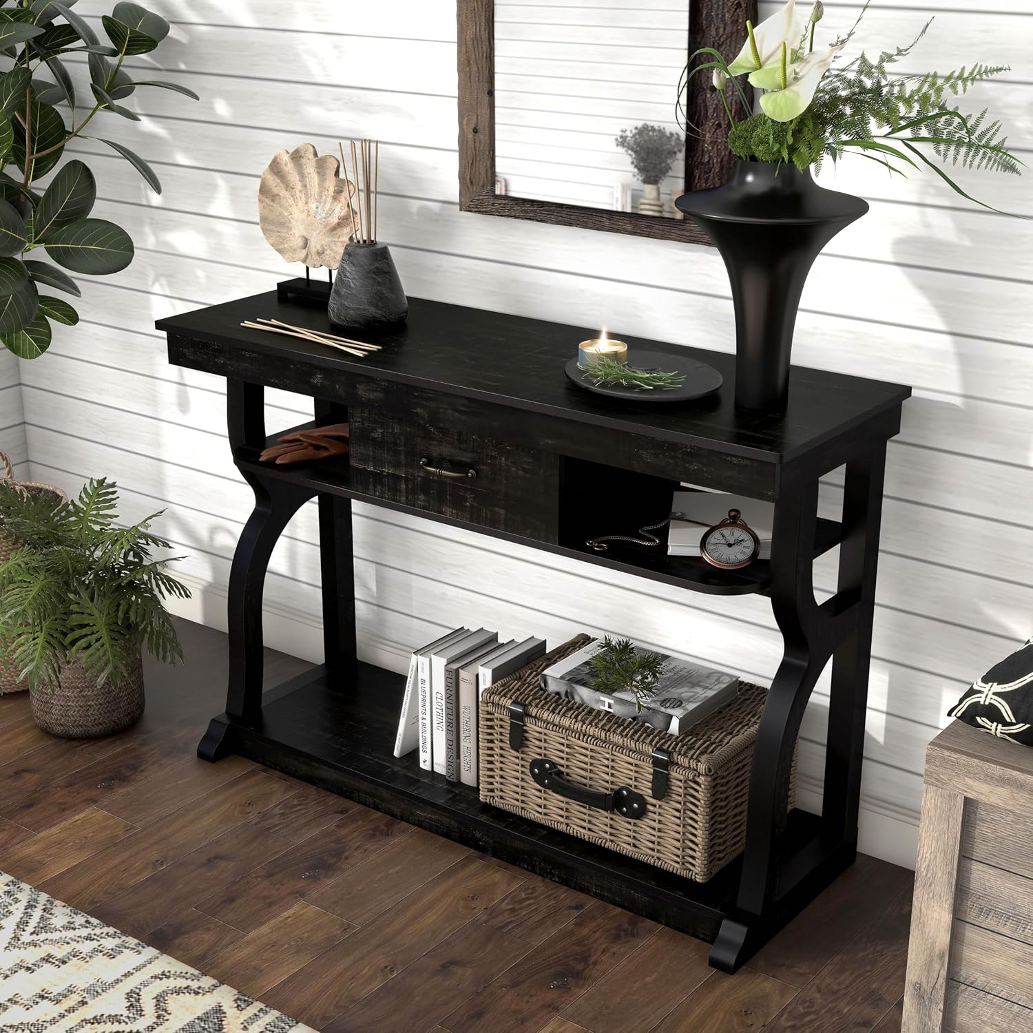 Amazon.com: Reclaimed Black Oak 47-inch Storage Console Table Farmhouse ...