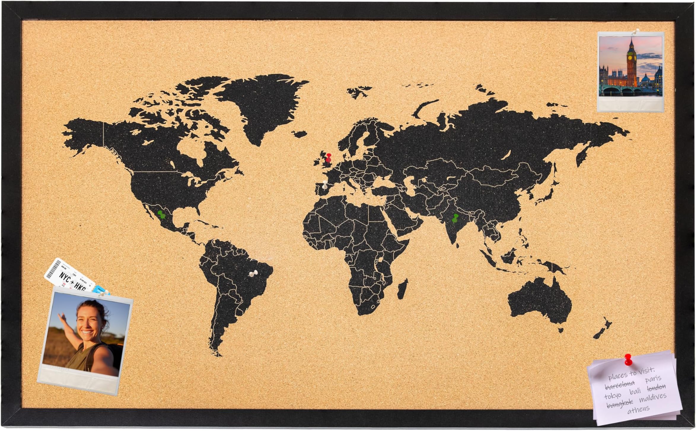 Amazon.com : Sunnydaze World Map Cork Board with Push Pins - 35.5" W x ...