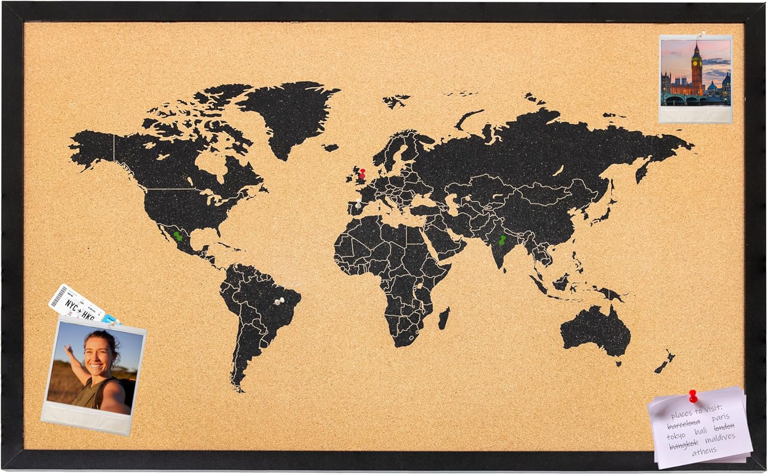 Amazon.com : Sunnydaze World Map Cork Board with Push Pins - 35.5" W x ...