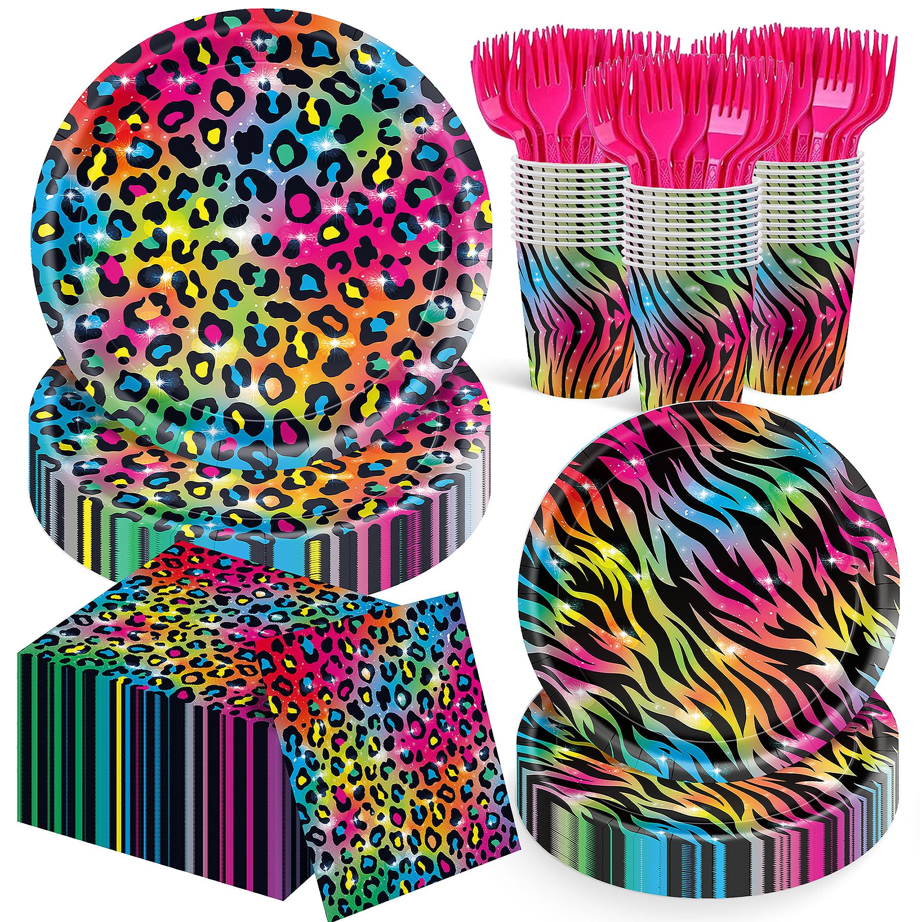 Amazon.com: 120pcs Neon Rainbow Leopard Birthday Party Supplies Sparkly ...