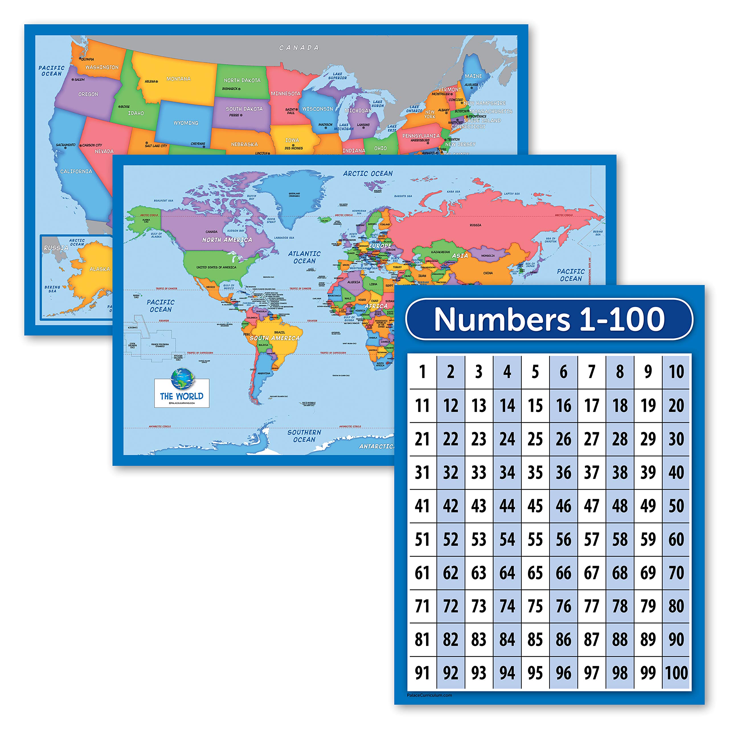 Buy 3 Pack - World & USA for Kids + Numbers 1-100 Math Chart - 3 Set ...