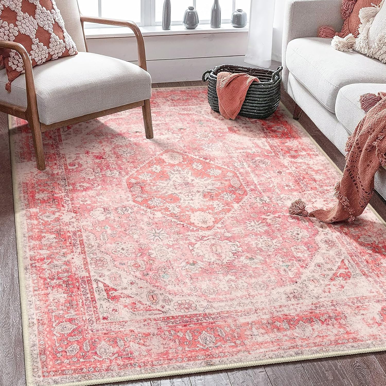 Amazon.com: MUJOO Pink Rugs for Bedroom 4x6.5 Area Rugs Girls Boho Rugs ...