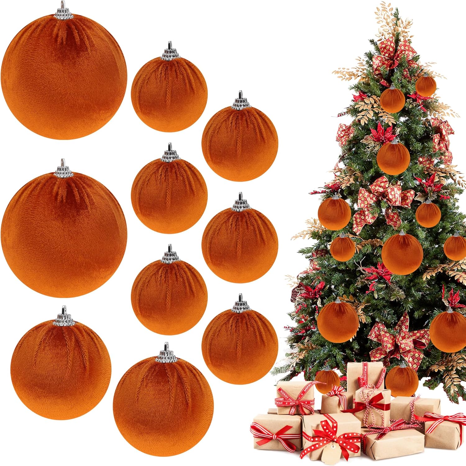 Funzhan 10pcs Orange Velvet Baubles for Christmas Tree Decoration ...