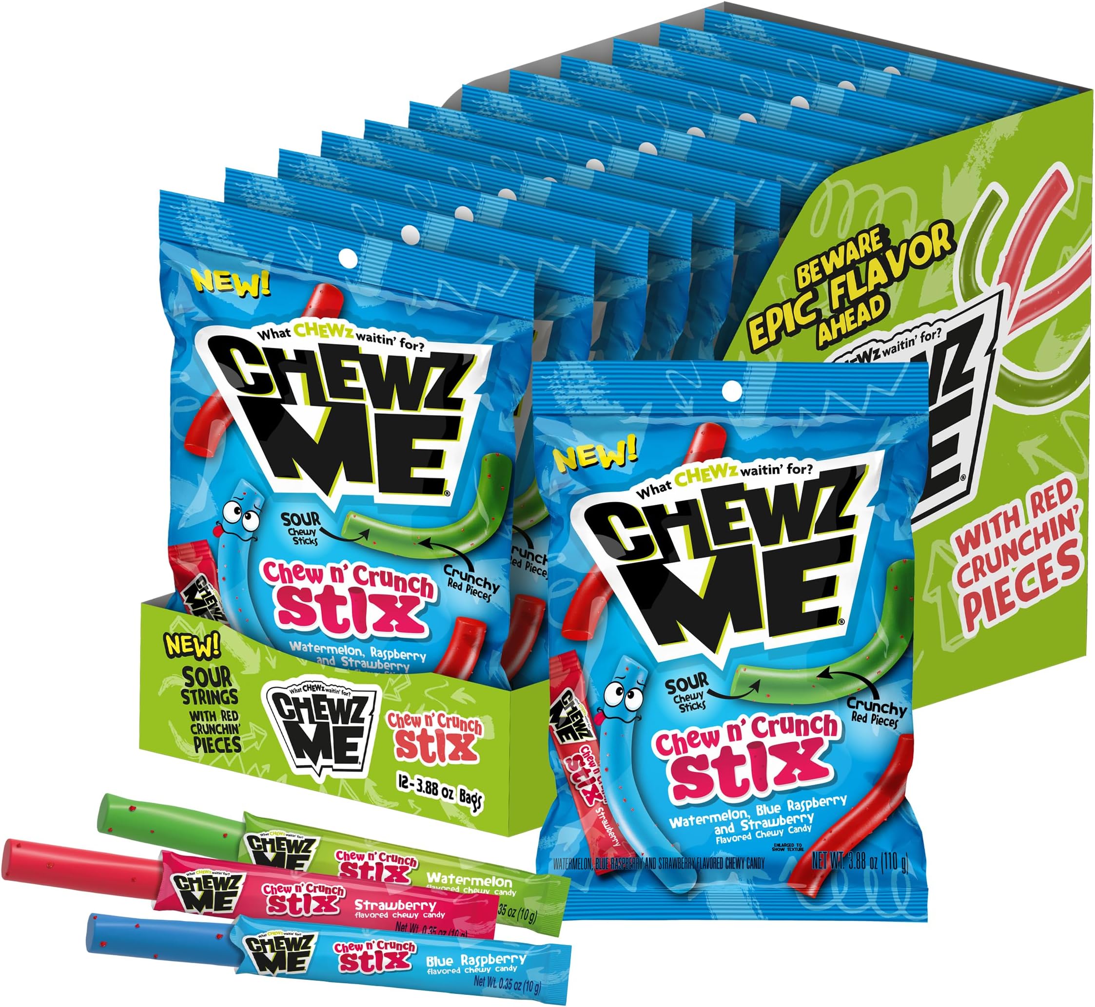 Amazon.com : ChewzMe Chew N' Crunch Stix - Tangy Chewy Candy Sticks ...