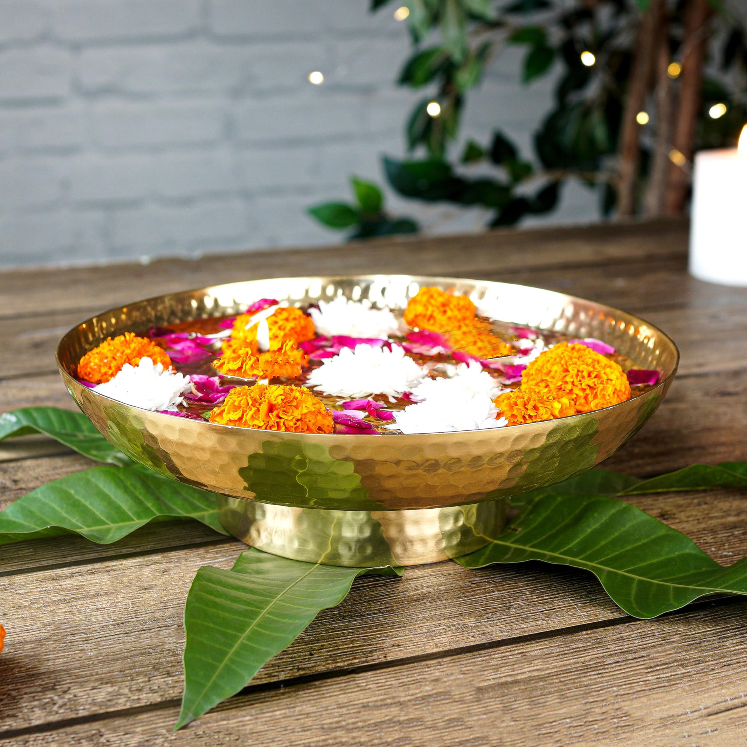Buy INDIAN ART VILLA Pure Brass Hammered Design Urli Decorative Bowl ...