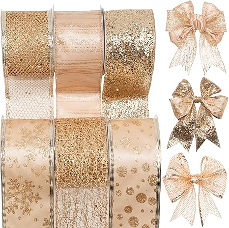 Amazon.com: 6 Rolls Christmas Ribbon Wired Christmas Tree Ribbon ...