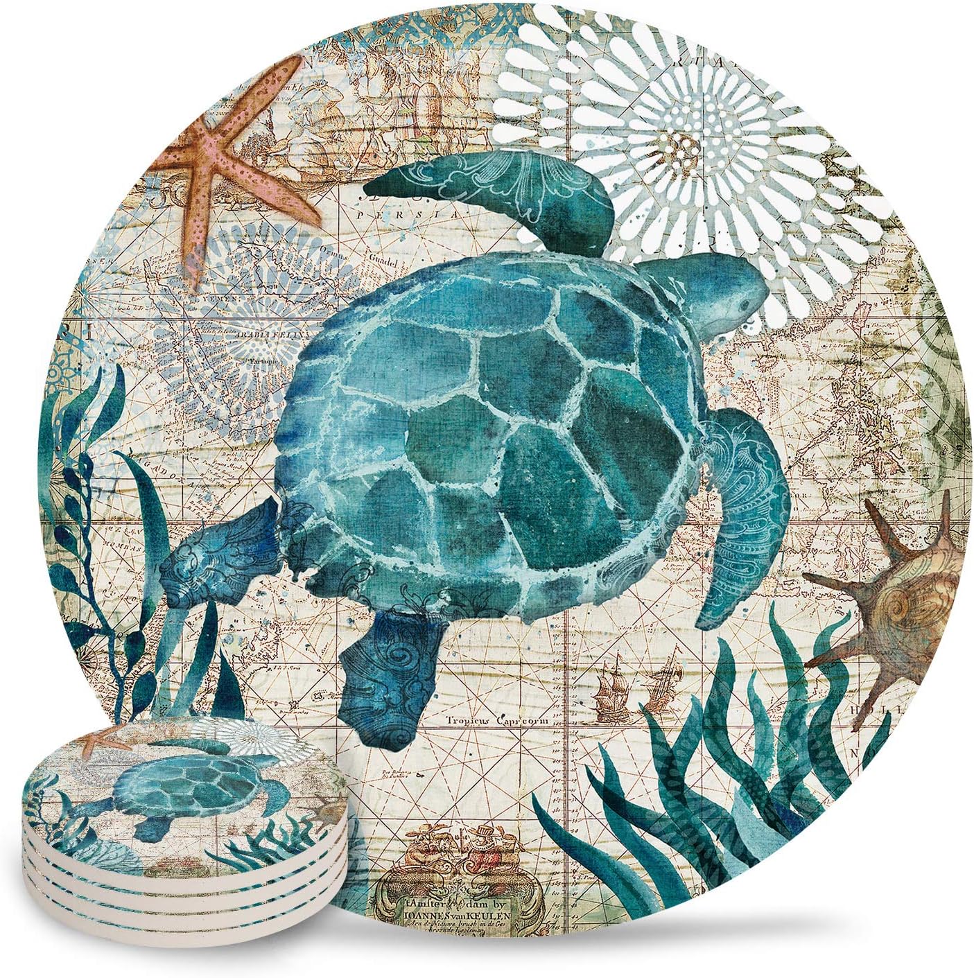 Amazon.com: VAATOO Pack 6 Coasters Sea Turtle Absorbent Ceramic ...