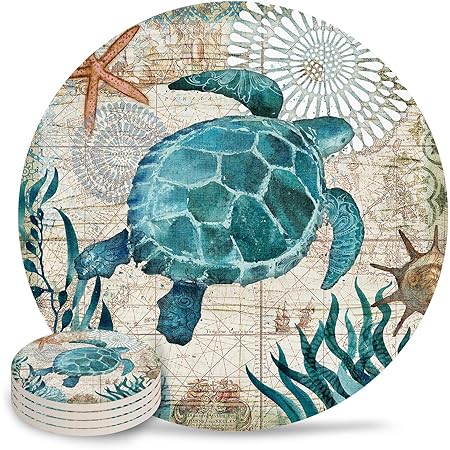 Amazon.com: Absorbent Coasters Set of 4 - Ocean Theme Sea Turtle ...
