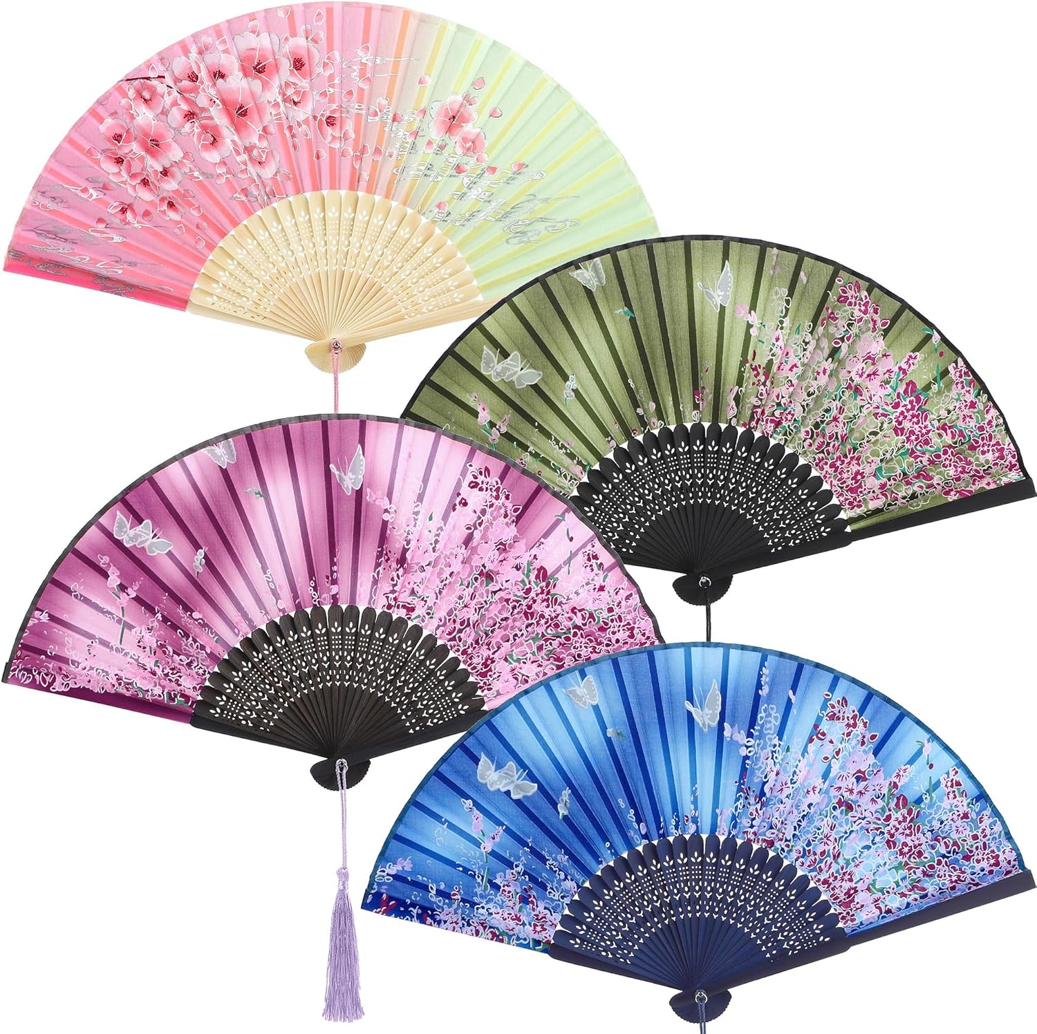 Amazon.com: Aneco 4 Pieces Folding Fans Bamboo Handheld Fans Silk ...