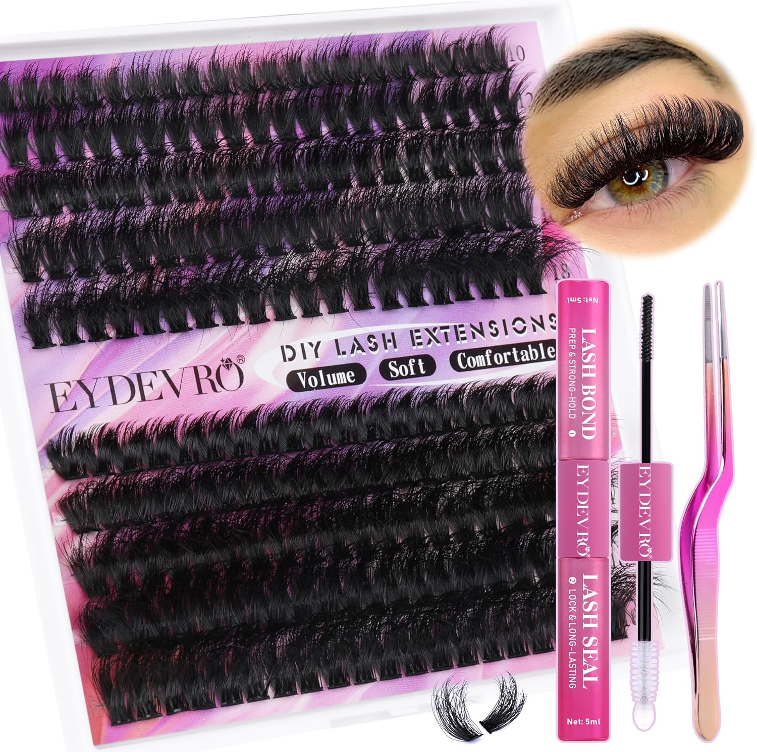 EYDEVRO Eyelash Extension Kit - Fluffy D Curl Clusters, Thick Volume ...
