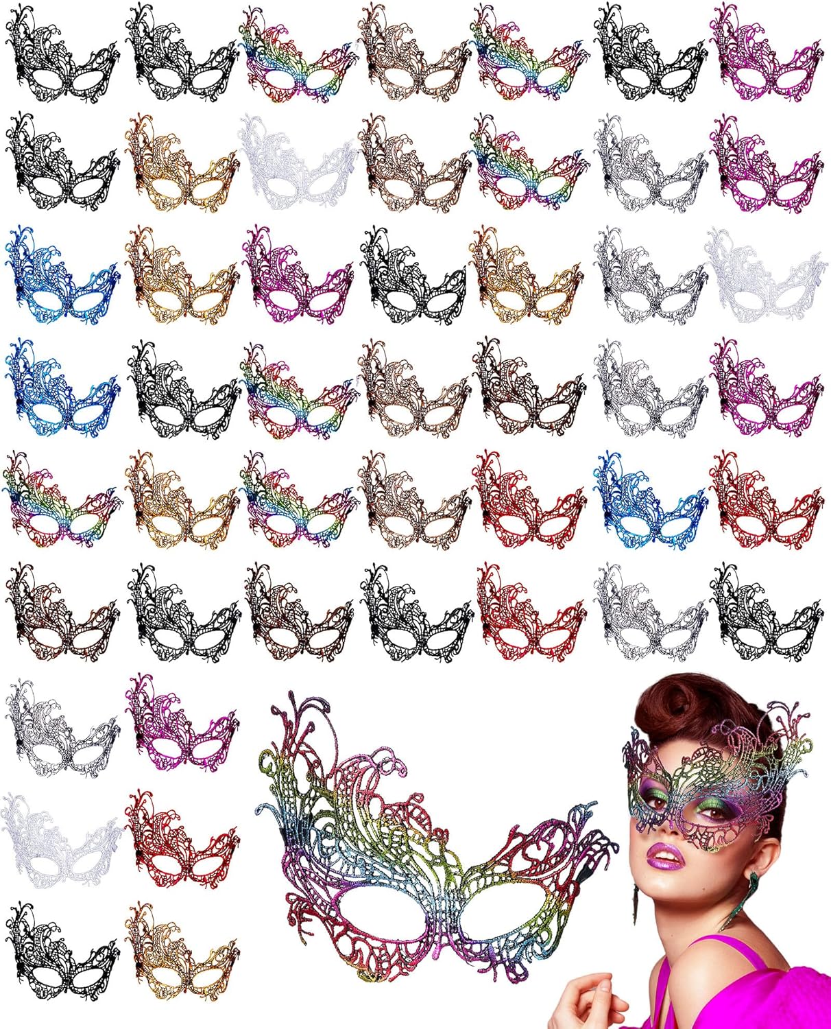 Amazon.com: Outus 50 Pcs Masquerade Mask Lace Masks Bulk Mardi Gras ...