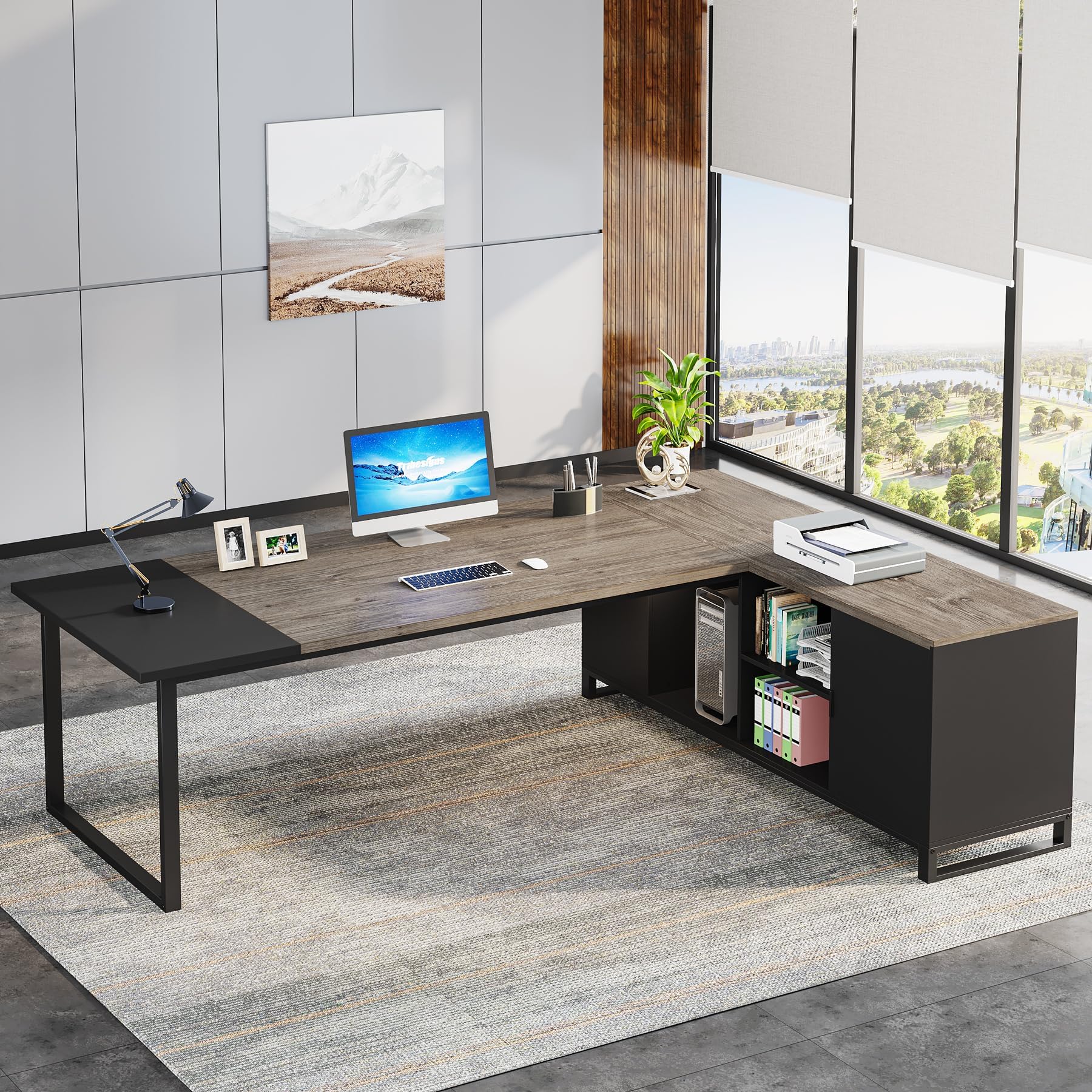 Amazon.com: LITFAD Modern L-Shape Office Desk with Wood Base Executive ...