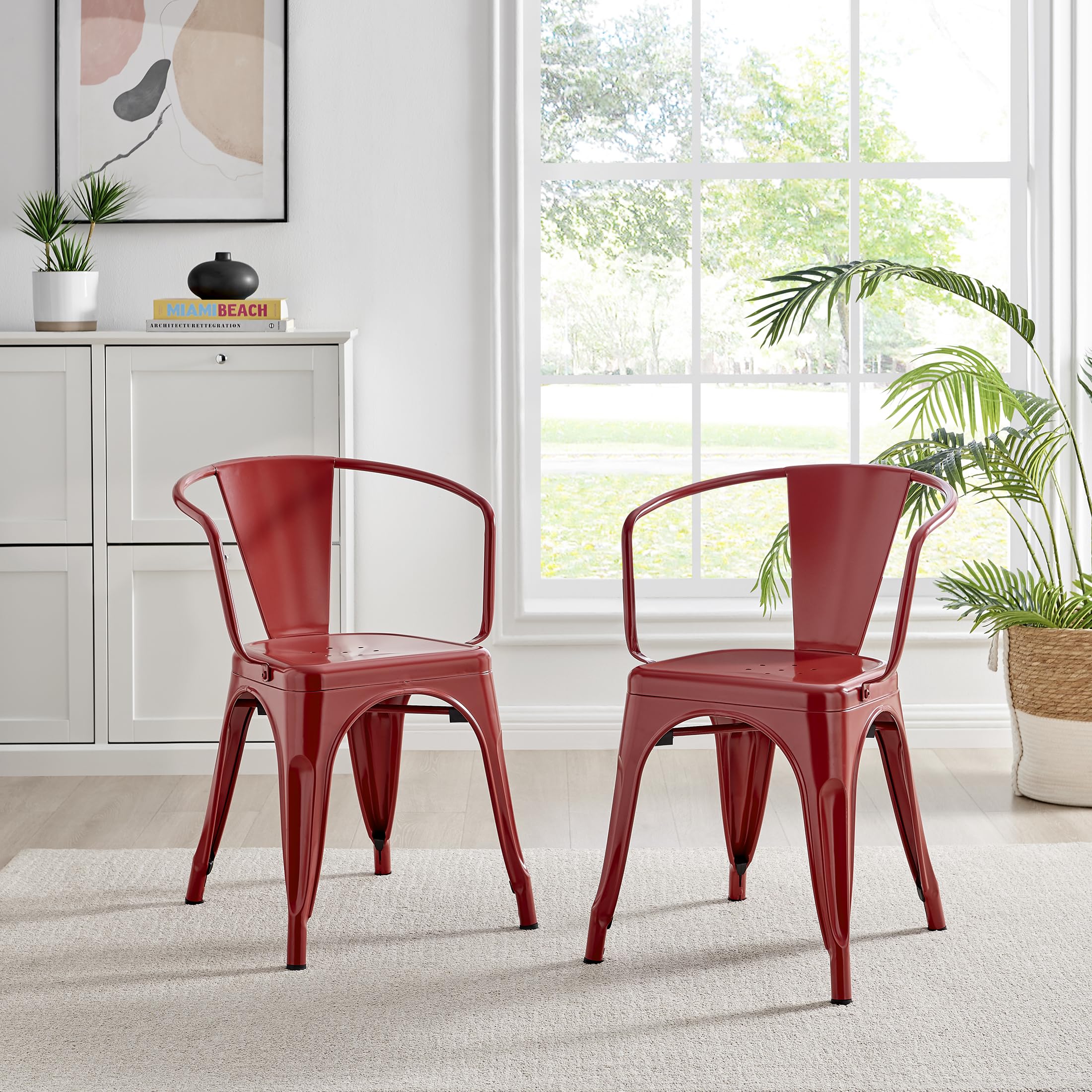 Furniturebox UK Colton 2x Red Metal Dining Chairs with Arms for Kitchen ...