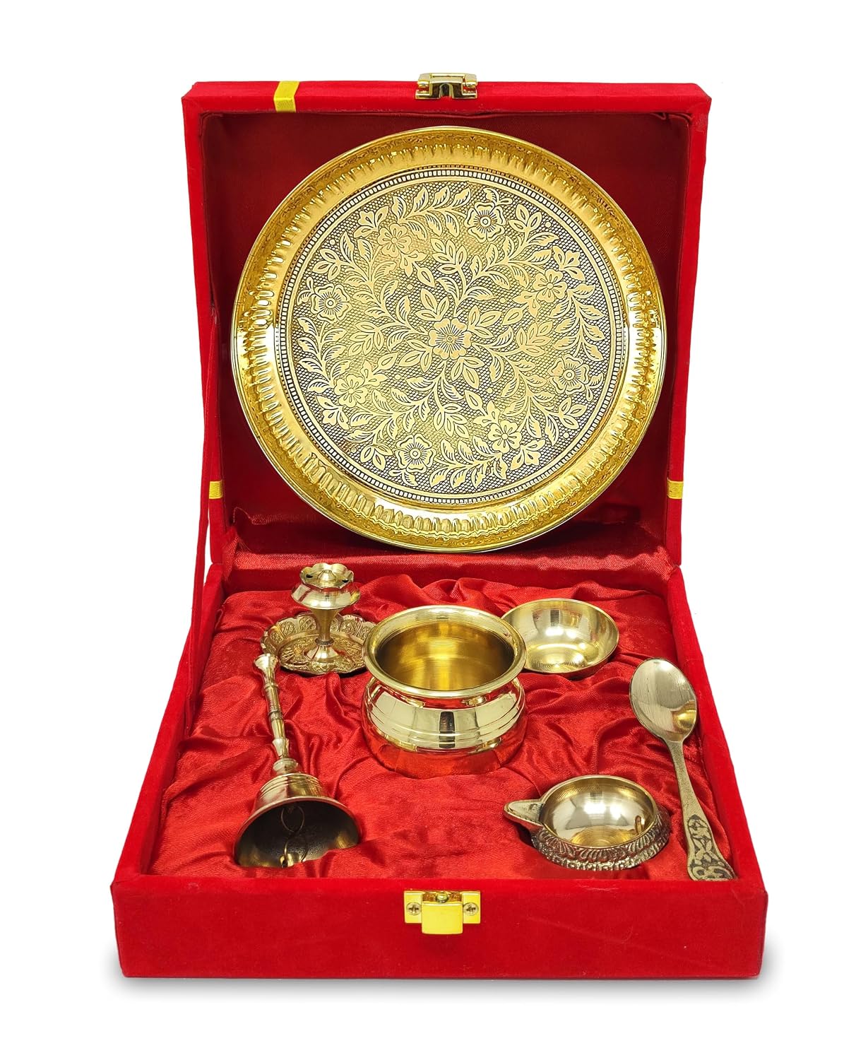 BENGALEN Brass Pooja Thali Set with Red Gift Box Very Small 6 Inch ...
