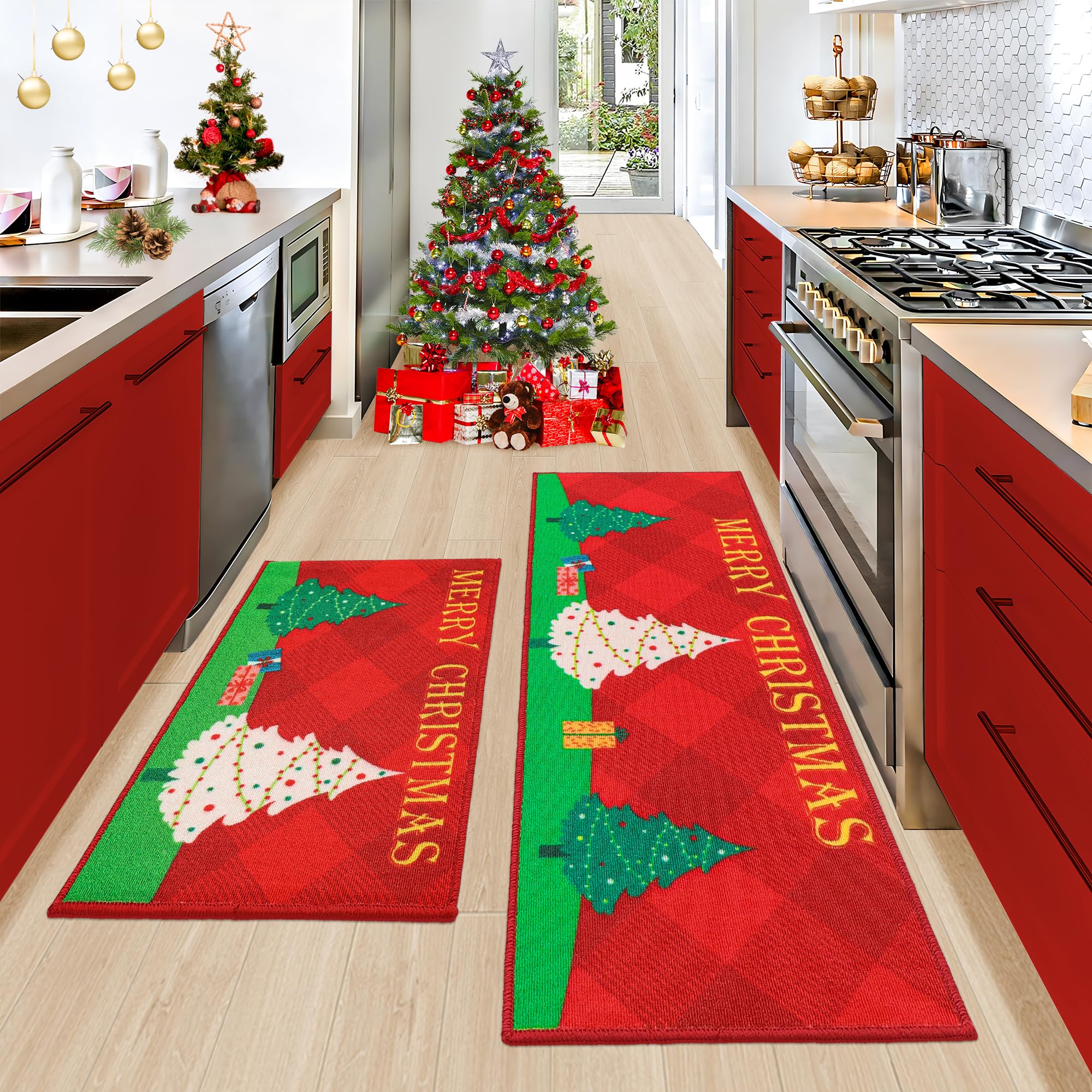 BEQHAUSE Christmas Kitchen Rugs Set of 2 Non-Slip Merry Christmas ...