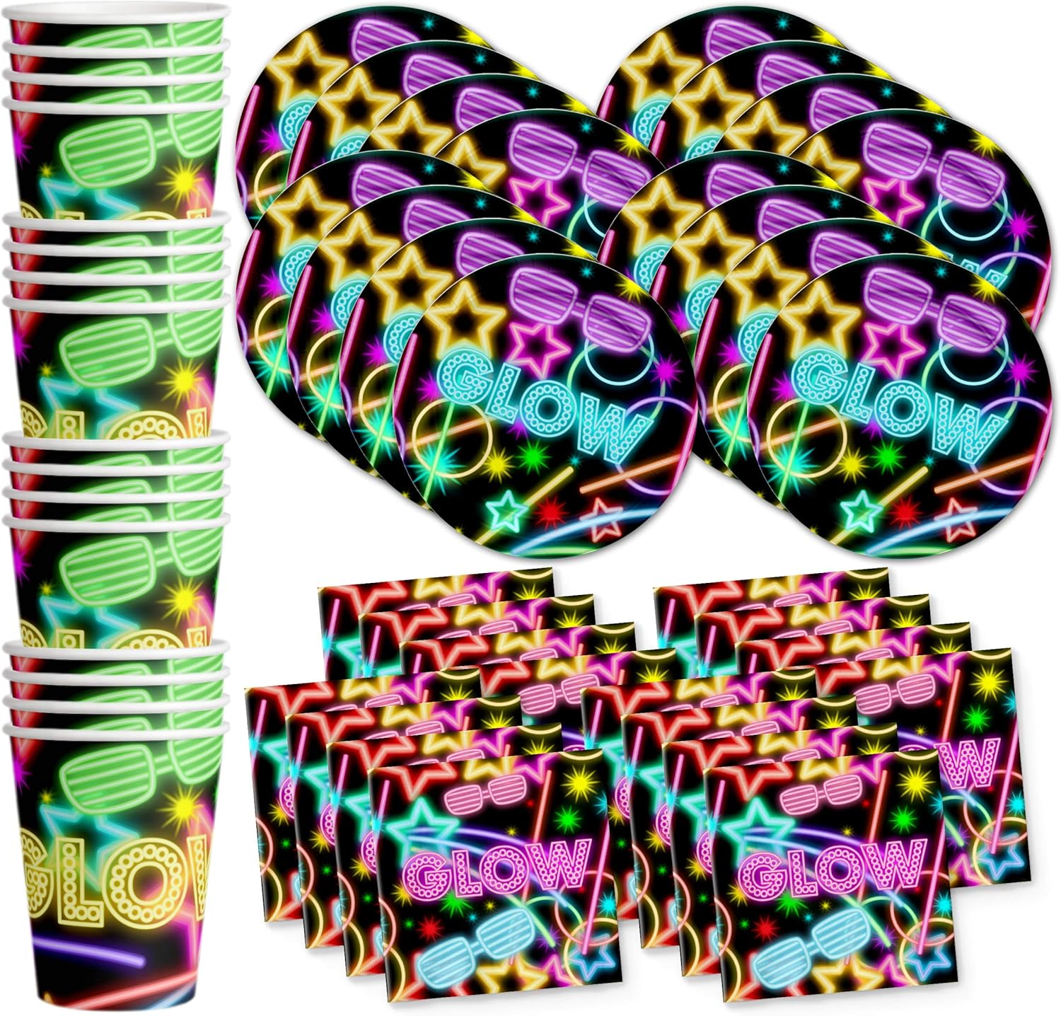 Amazon.com: Glow Light Neon Birthday Party Supplies Set Plates Napkins ...