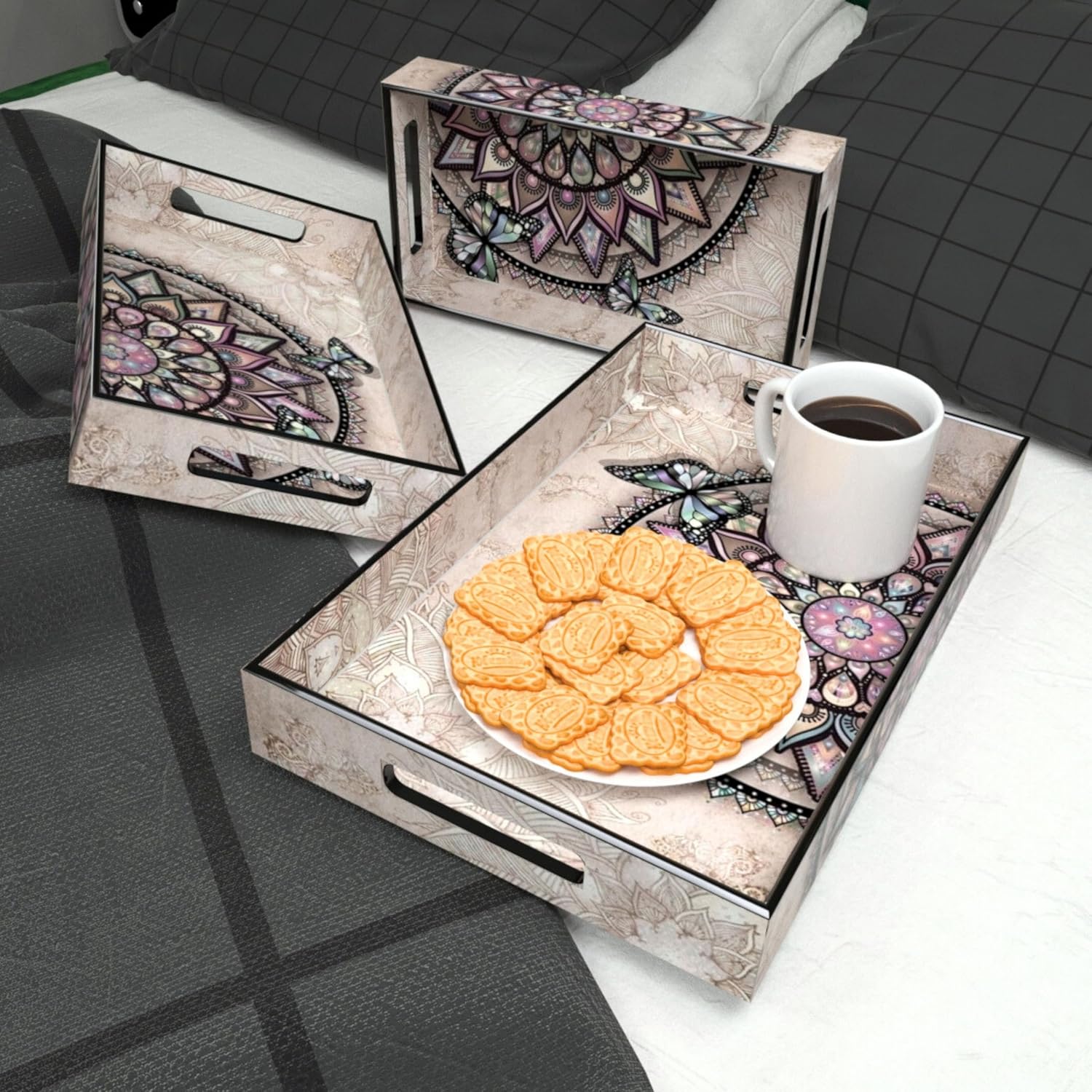 Castleite Elisa Mandala Wooden Trays for Serving & Decoration-Set of 3 ...