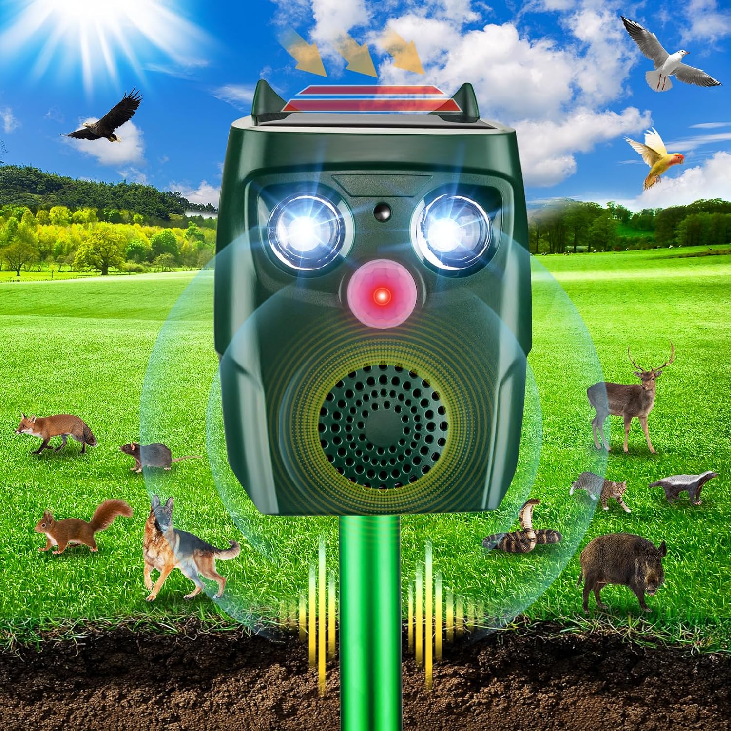 Solar Powered Animal Deterent, Ultrasonic Animal Control Device with ...