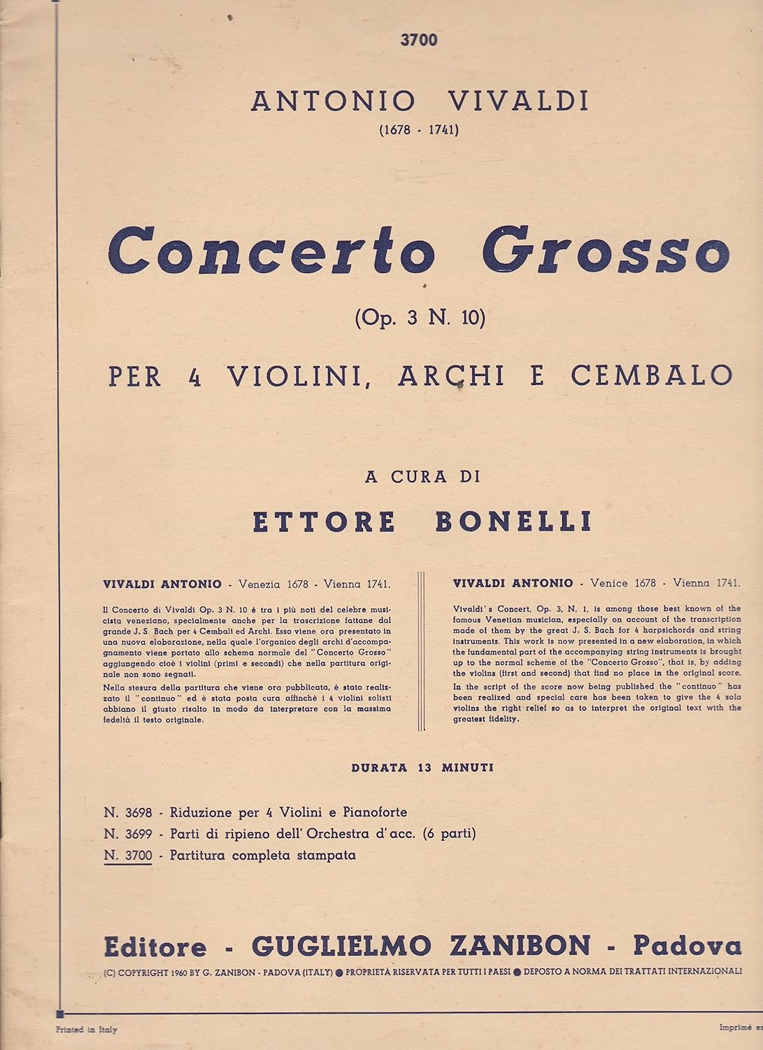 Vivaldi Concerto Grosso 4 Violins, Strings, Cembalo. Ettore Bonelli ...