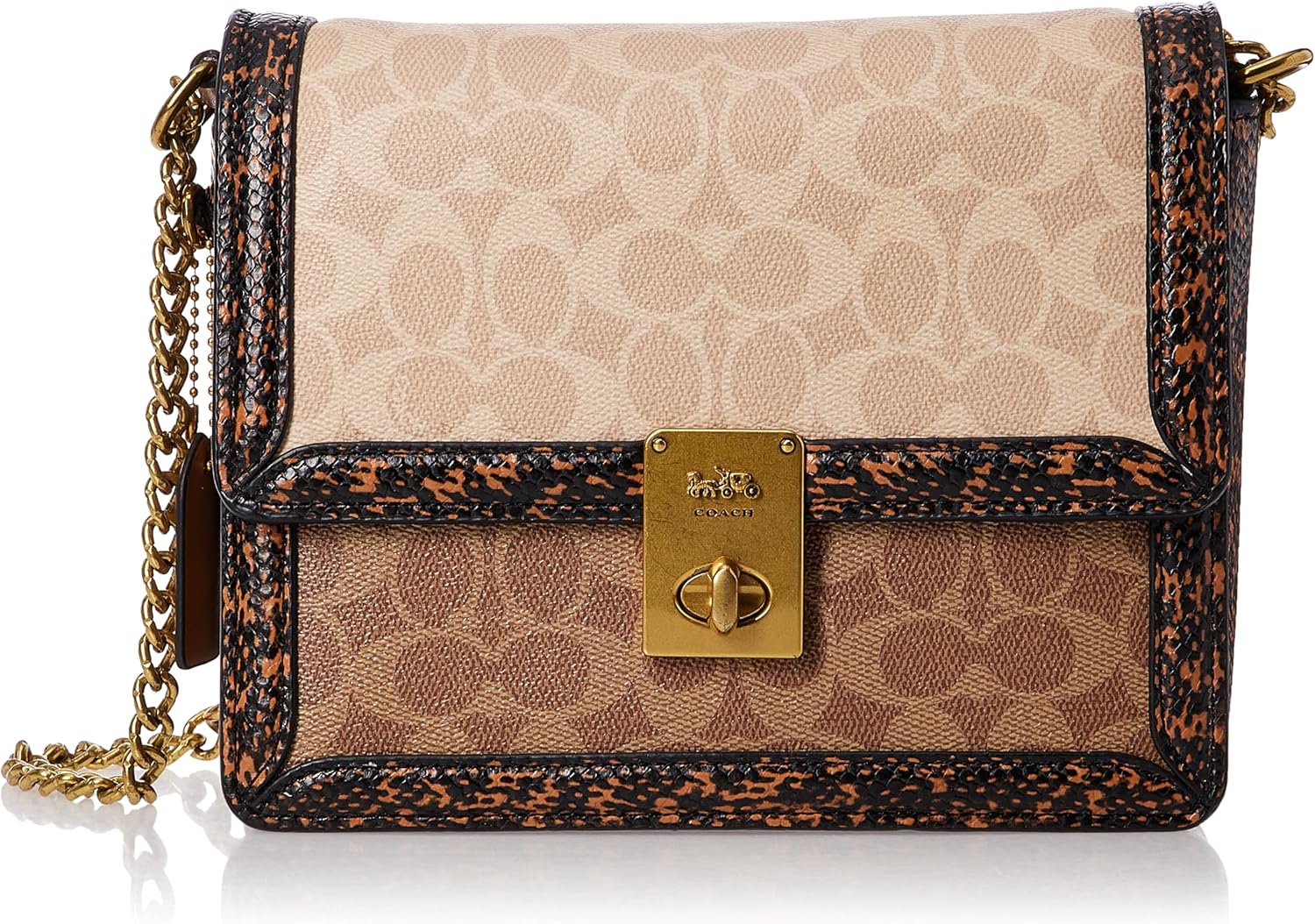 COACH Coated Canvas Signature Block with Snake Hutton Shoulder Bag Tan ...