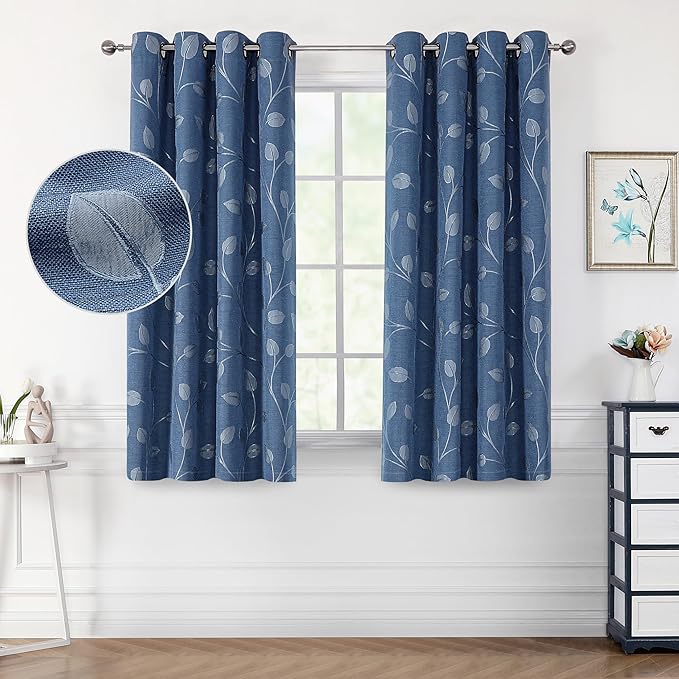 Amazon.com: WEST LAKE Short Leaf Jacquard Window Curtains Blue Heavy ...