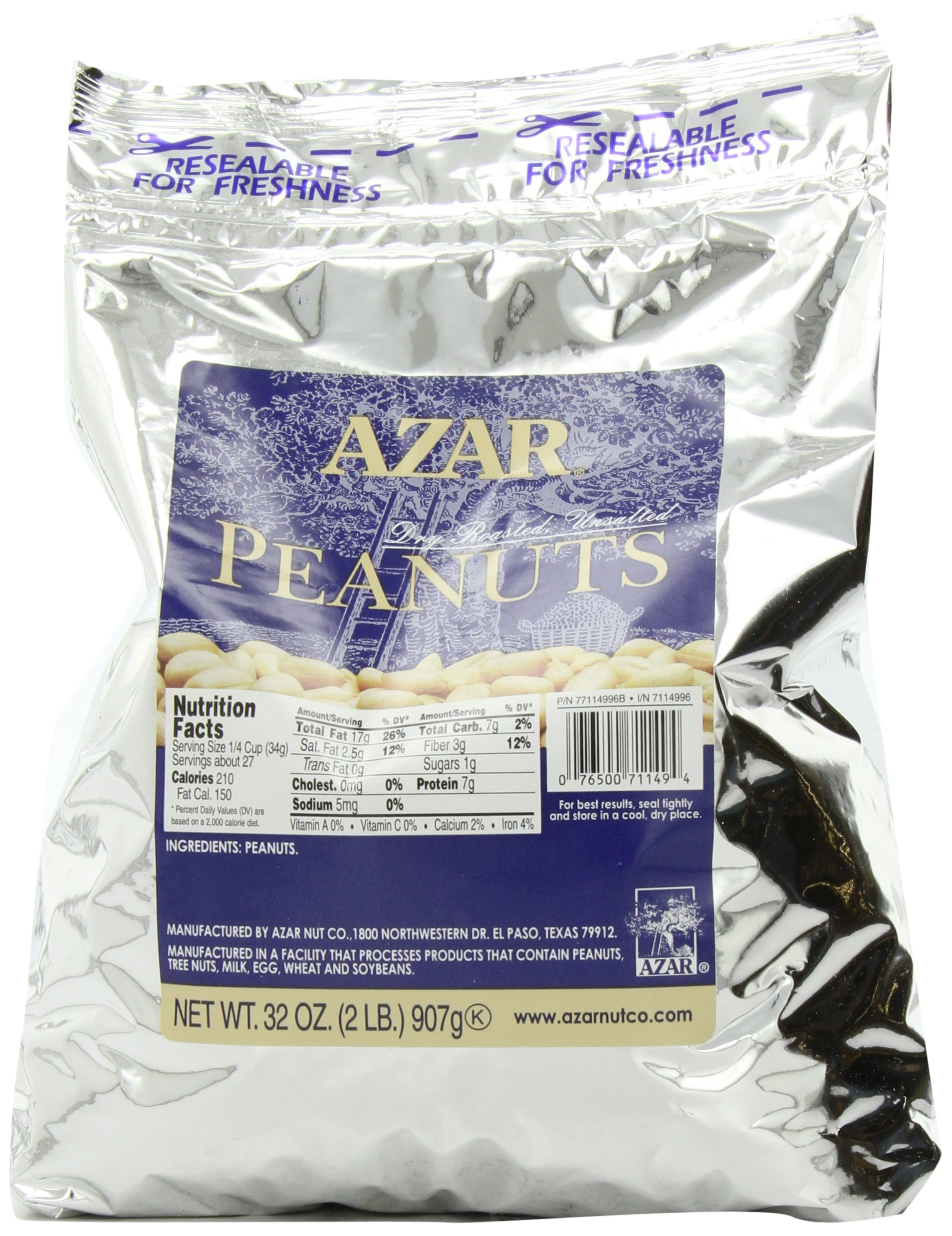 Amazon.com : Azar Nut Company Peanuts, Dry Roasted, Unsalted, 32-Ounce ...
