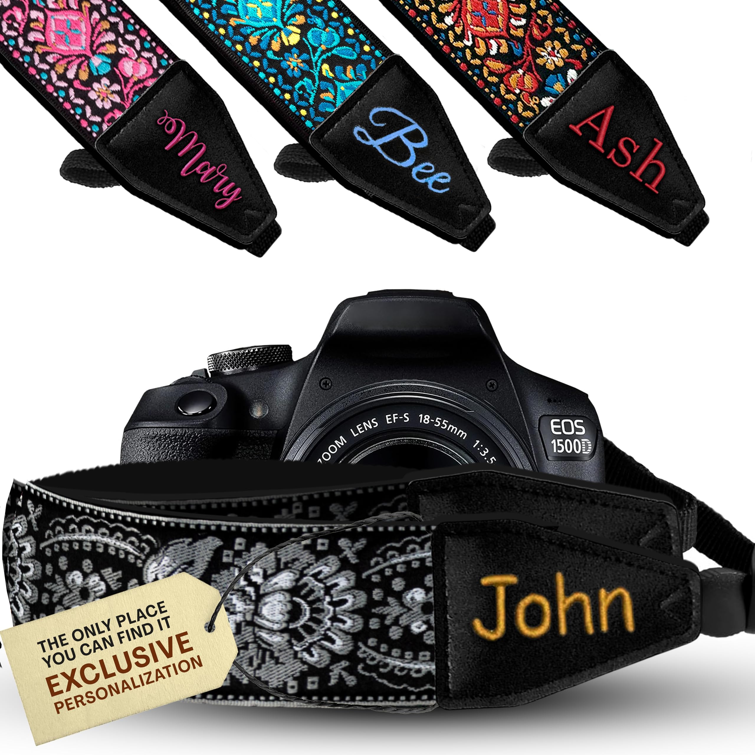 Amazon.com : Custom Black Silver Woven Camera Strap - Choose Your Text ...