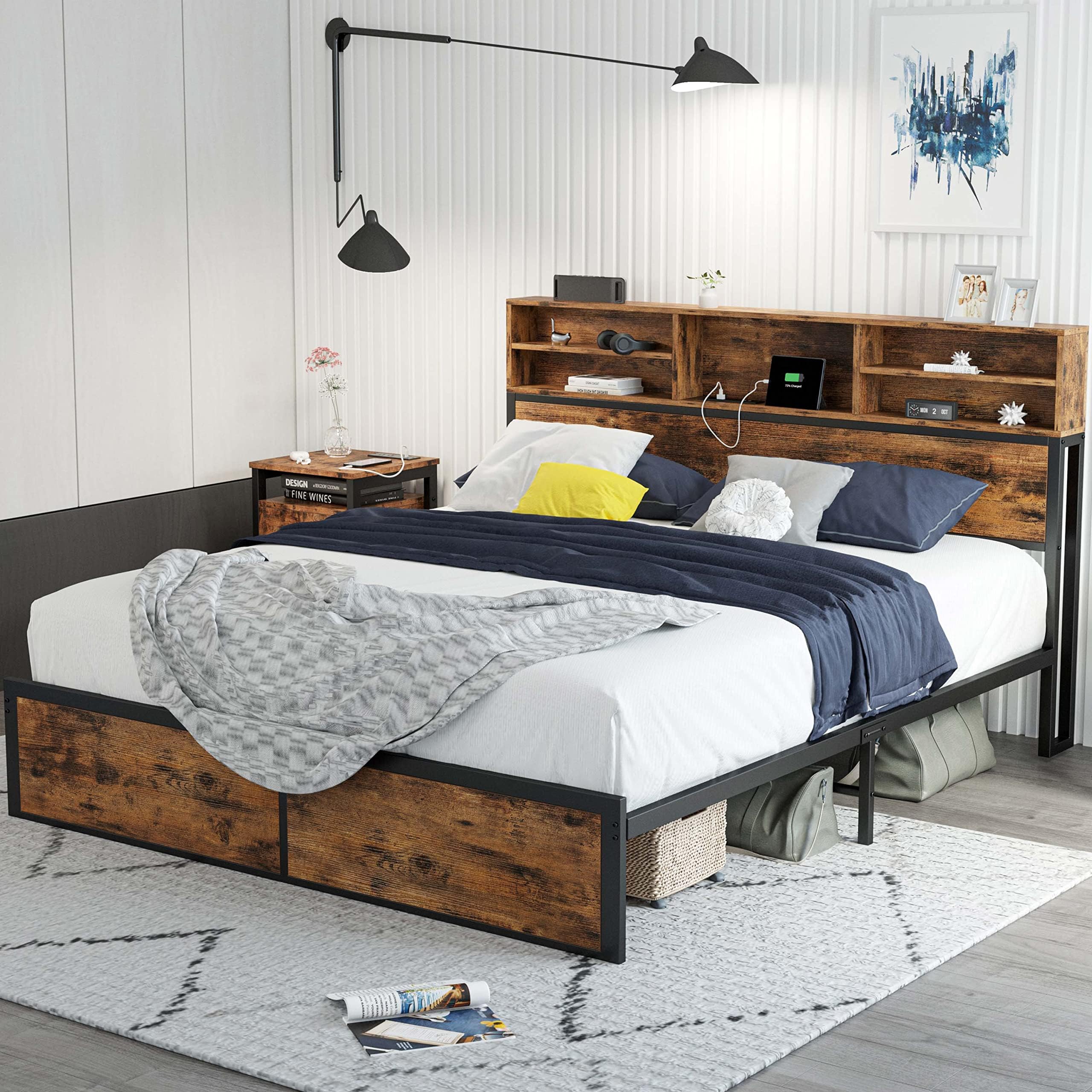 Amazon.com: IRONCK Full Size Bed Frame with Bookcase Headboard, Drawer ...
