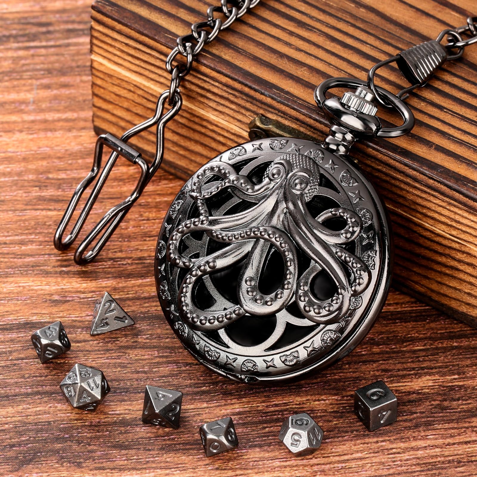 Mini DND Dice Set Steampunk Hollow Octopus Pocket Watch Shell Case, 7 ...