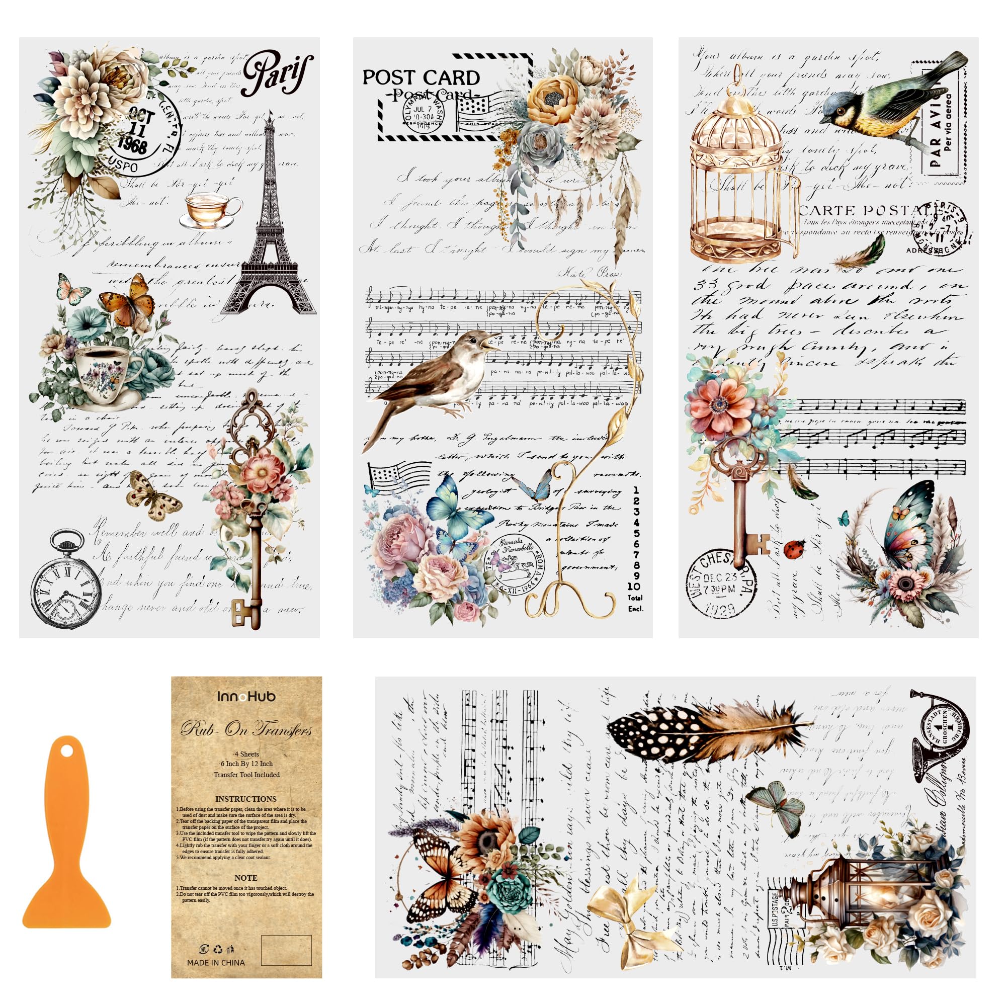 Amazon.com: 4 Sheets Rub On Transfers for Crafts, Vintage Rub On ...