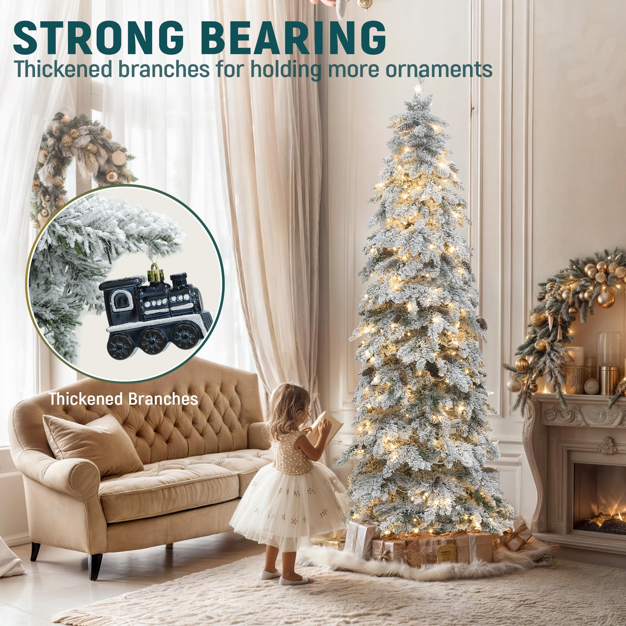 YITAHOME Pre-Lit Flocked Drooping Pencil Spruce Artificial Christmas ...