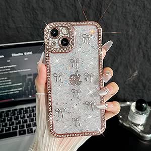 Amazon.com: FABSPARK Case for iPhone 16e,3D Silvery Ribbon Bow,Crystal Clear Glitter Diamond ...