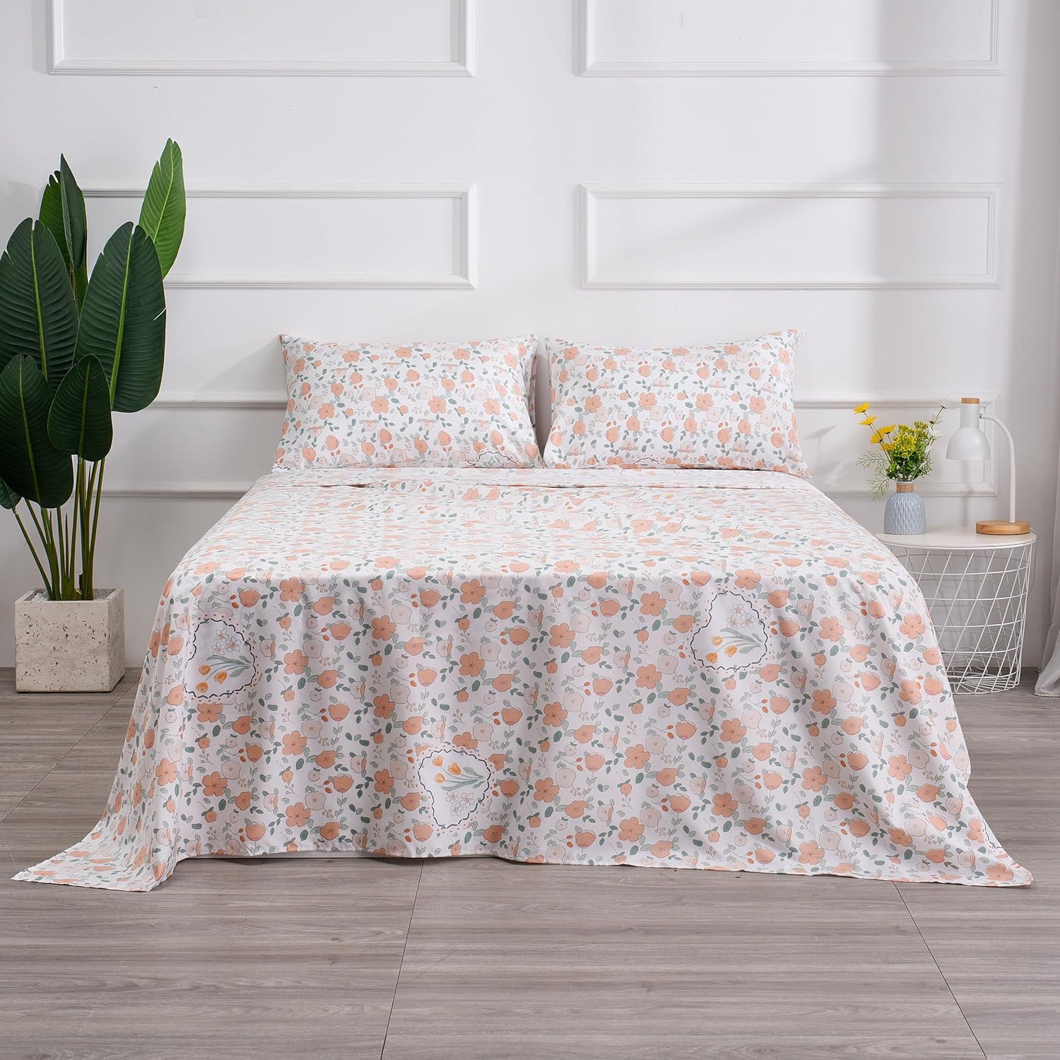 Amazon.com: Spring Floral Printed Sheet Set Queen Size, 4 Piece Soft ...
