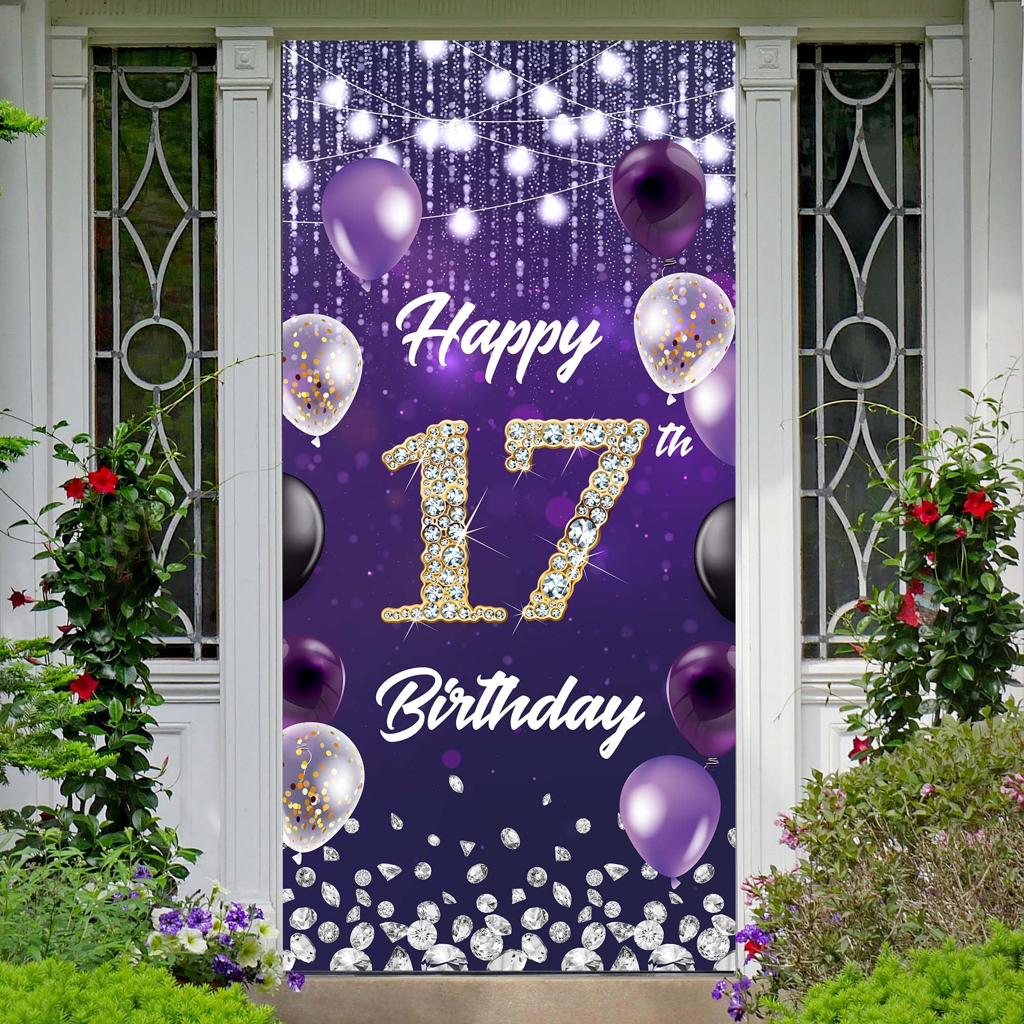 Amazon.com: Happy 17th Birthday Backdrop Banner Purple Theme Background ...
