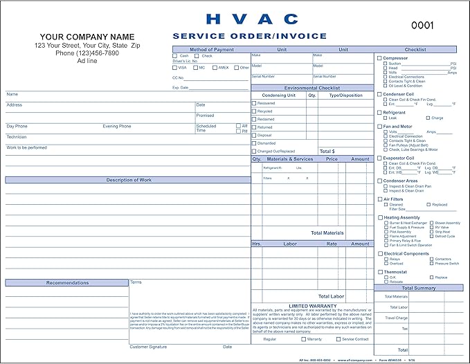 Amazon.com : HVAC Service Order/Invoice, 3 Copy Triplicate, 11"x8.5 ...