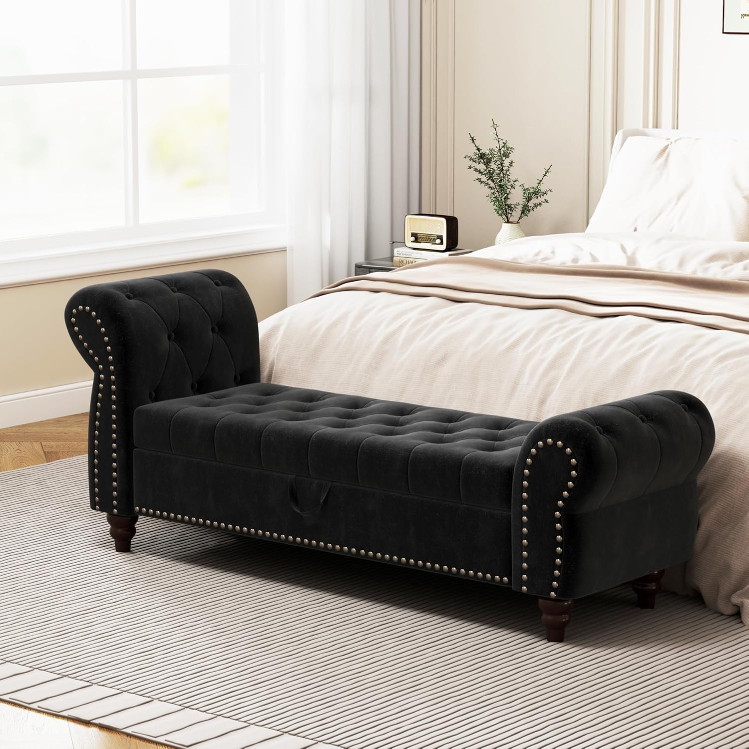 Amazon.com: 64" Black Velvet Storage Ottoman Bench with Tufted ...