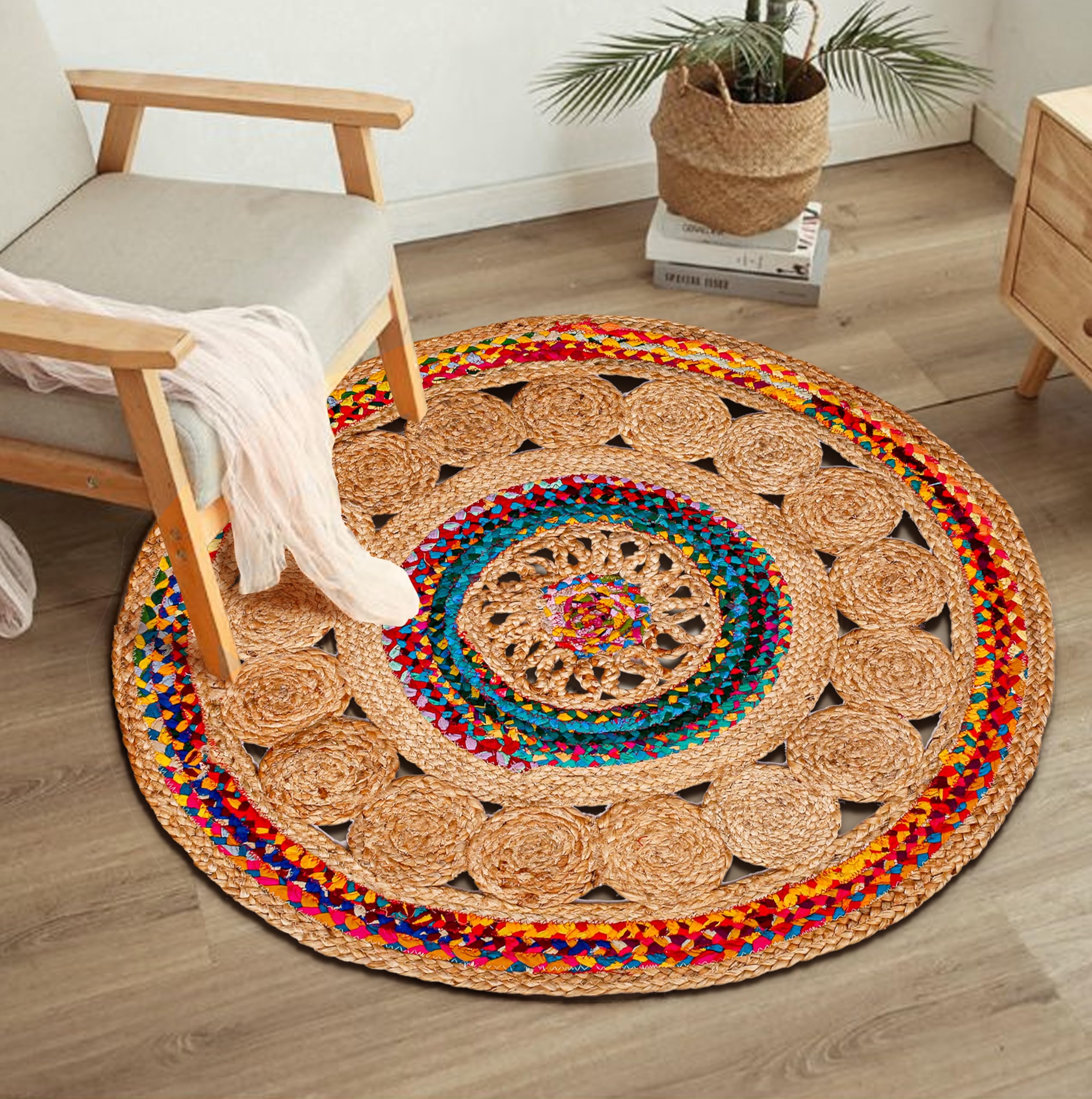 Orange Tan Round Jute Rug Hand Made In India Chindi Rag