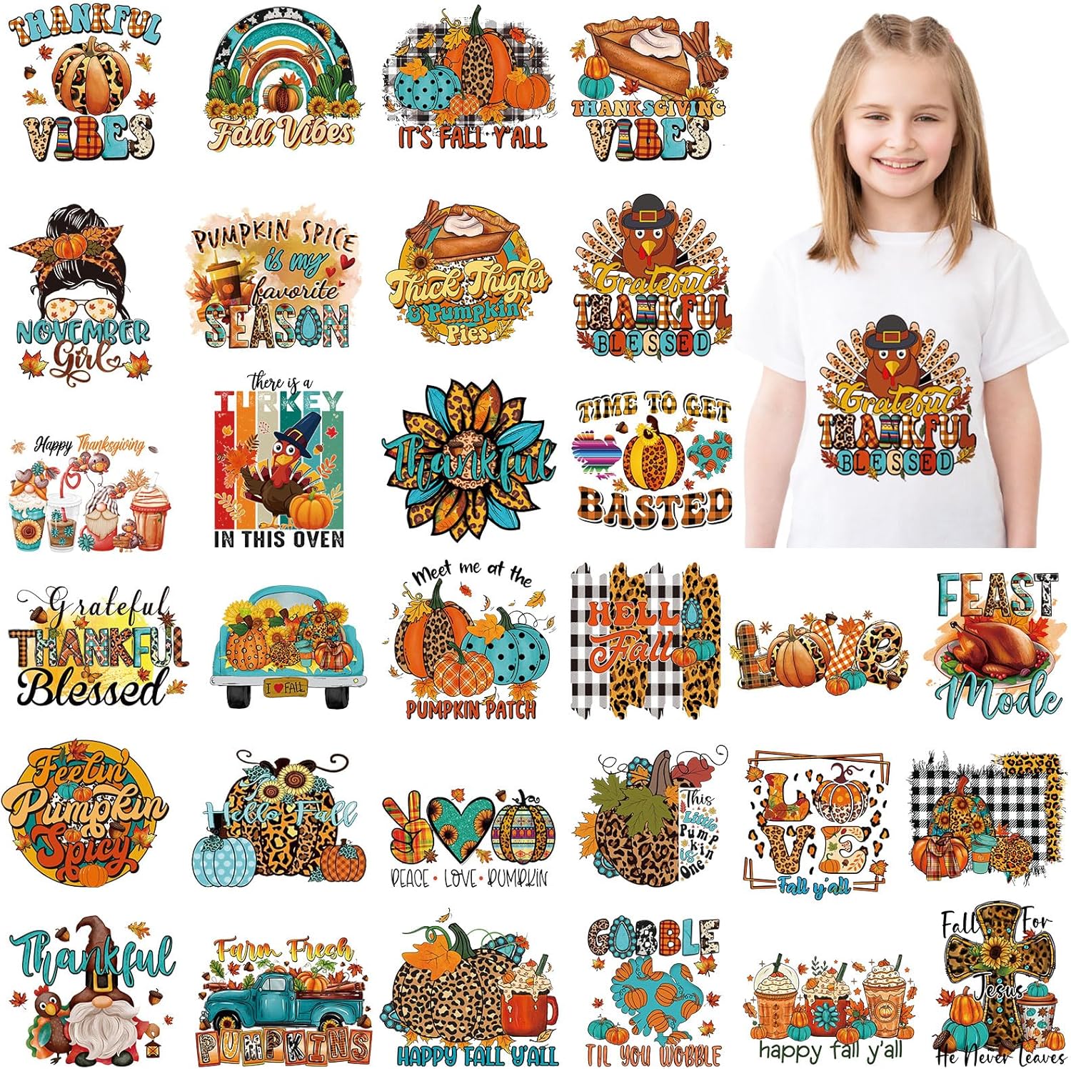 Amazon.com: Estune 30 Pcs Fall Iron On Transfers Patches Autumn Pumpkin Heat Transfers Ready to ...