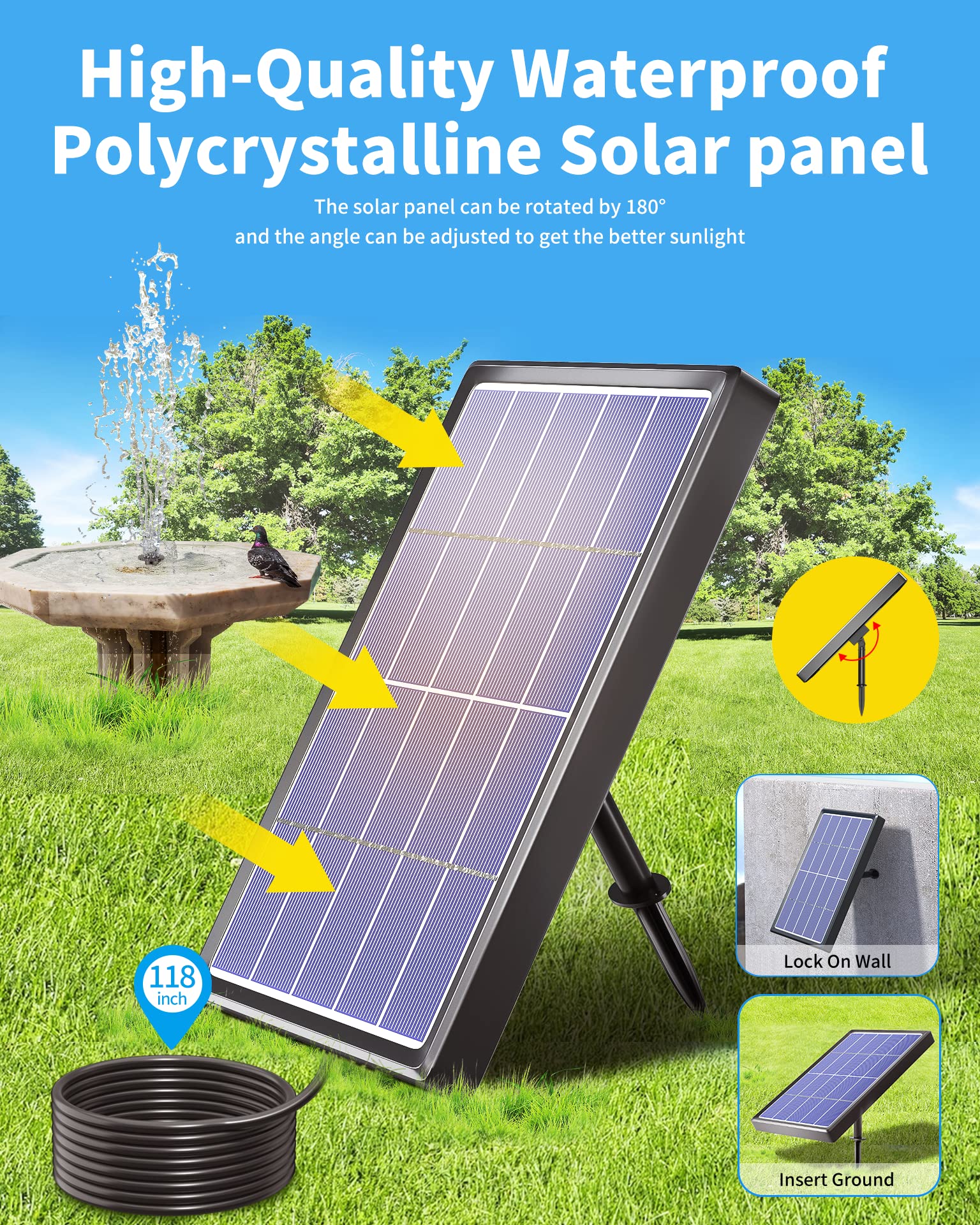 NFESOLAR Solar Water Fountain Pump with 1500mAh Battery, 3.5W Solar ...