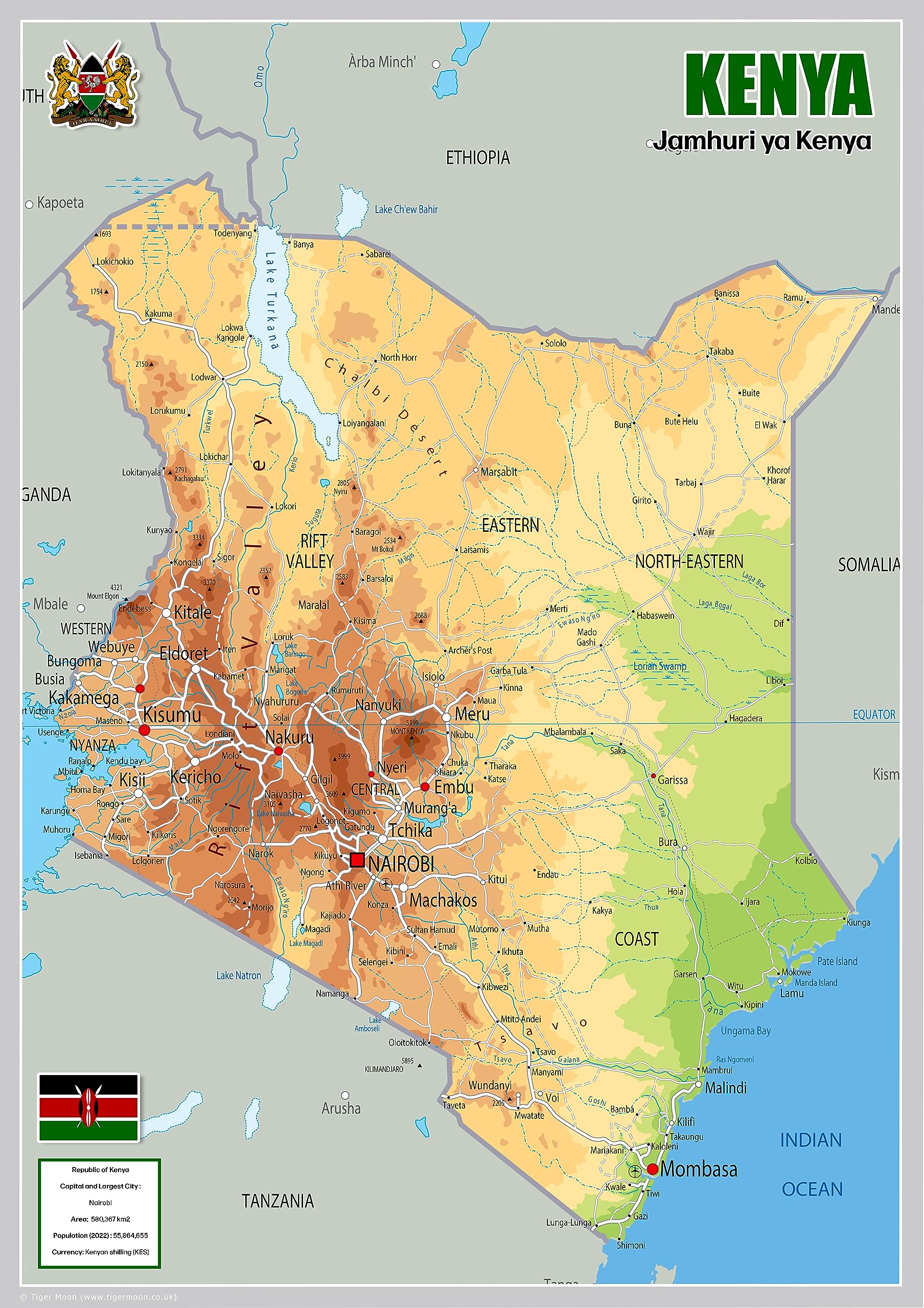 Physical Map of Kenya - The Oxford Collection - Size A1 - Paper ...