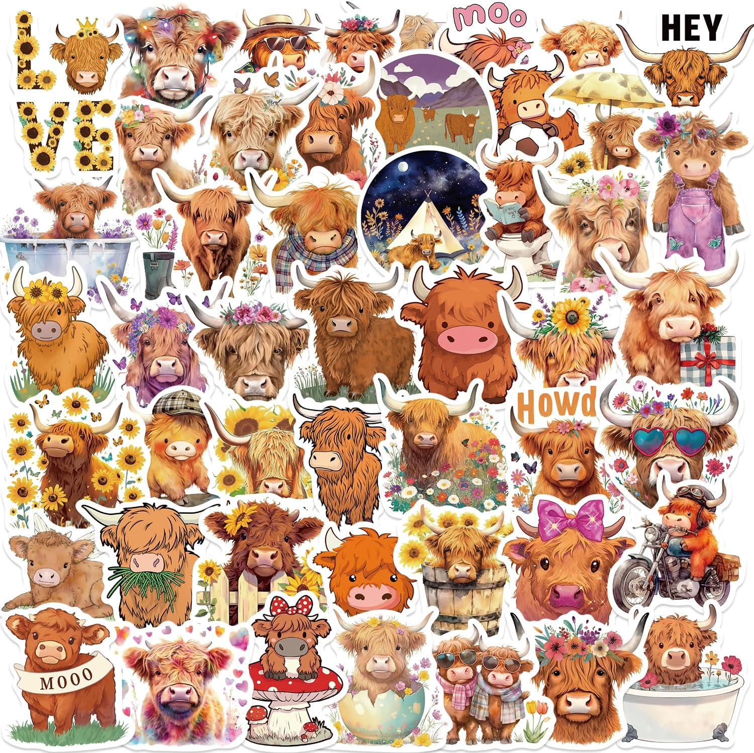 Amazon.com: 50PCS Highland Cow Stickers Cute Cartoon Animal Stickers ...