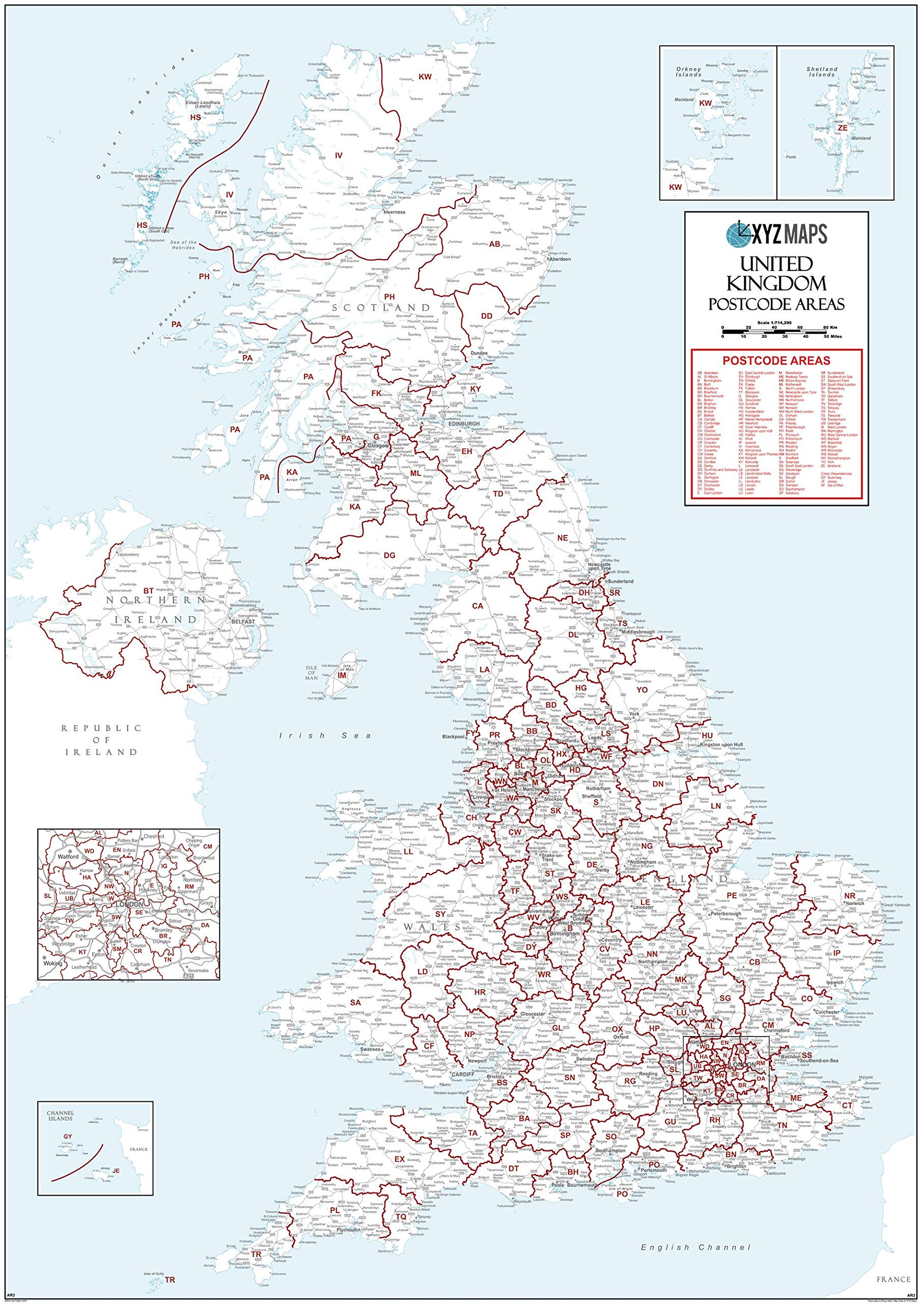 UK White Postcode Areas Large Wall Map (AR3) - 39.5" x 55.75" Laminated ...