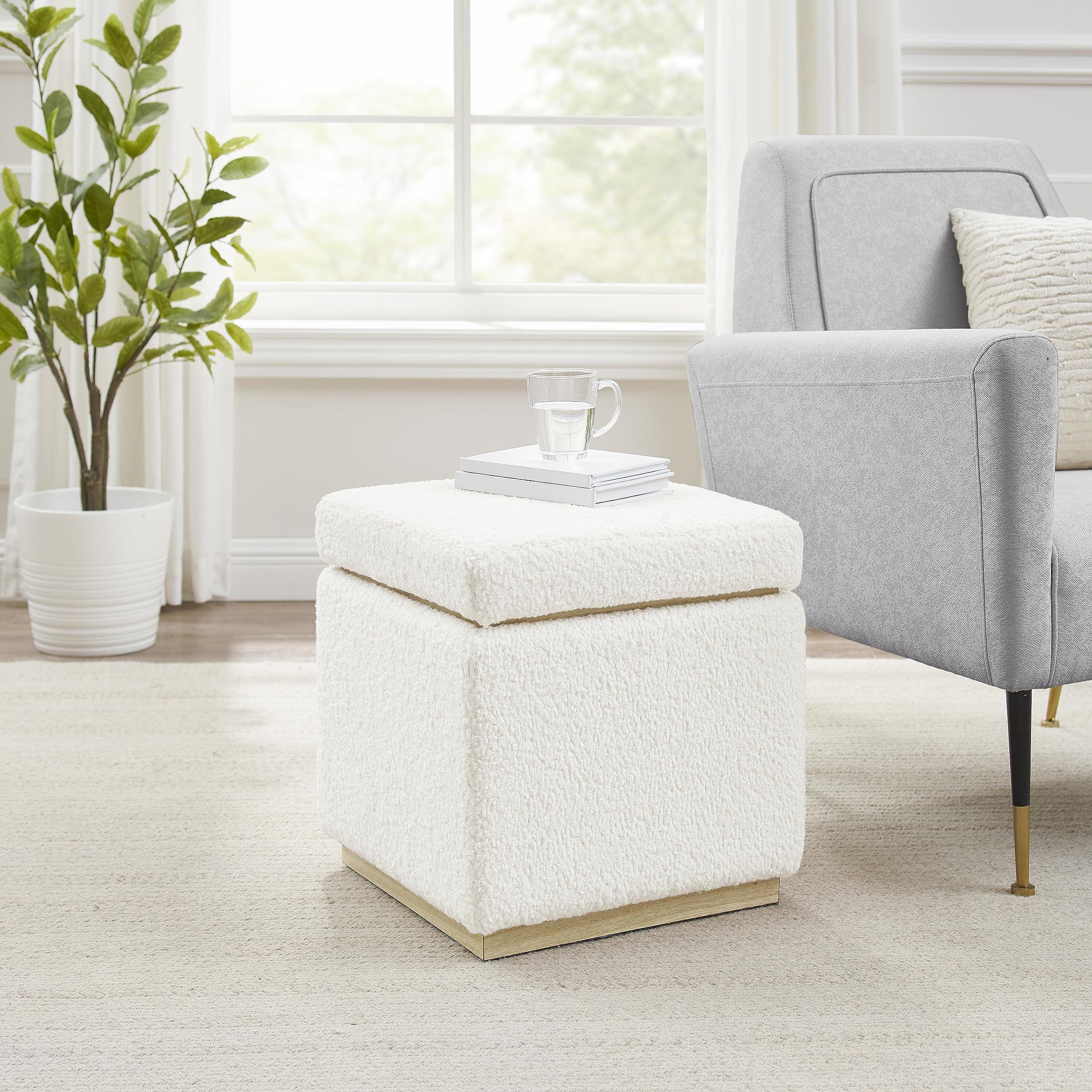 Linon Cream Lexington Sherpa Upholstered Square Storage Ottoman with ...