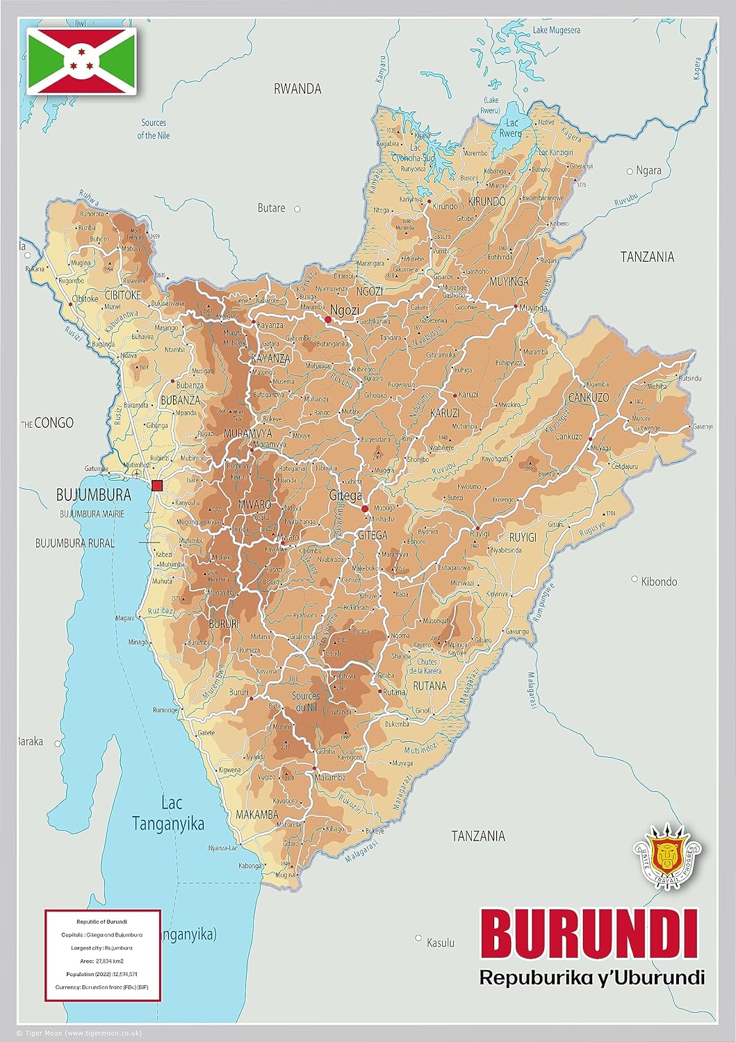 Physical Map of Burundi - The Oxford Collection - Size A2 - Paper ...