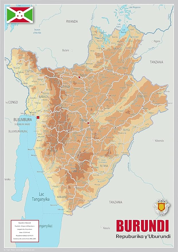 Physical Map of Burundi - The Oxford Collection - Size A1 - Paper Laminated : Amazon.co.uk ...