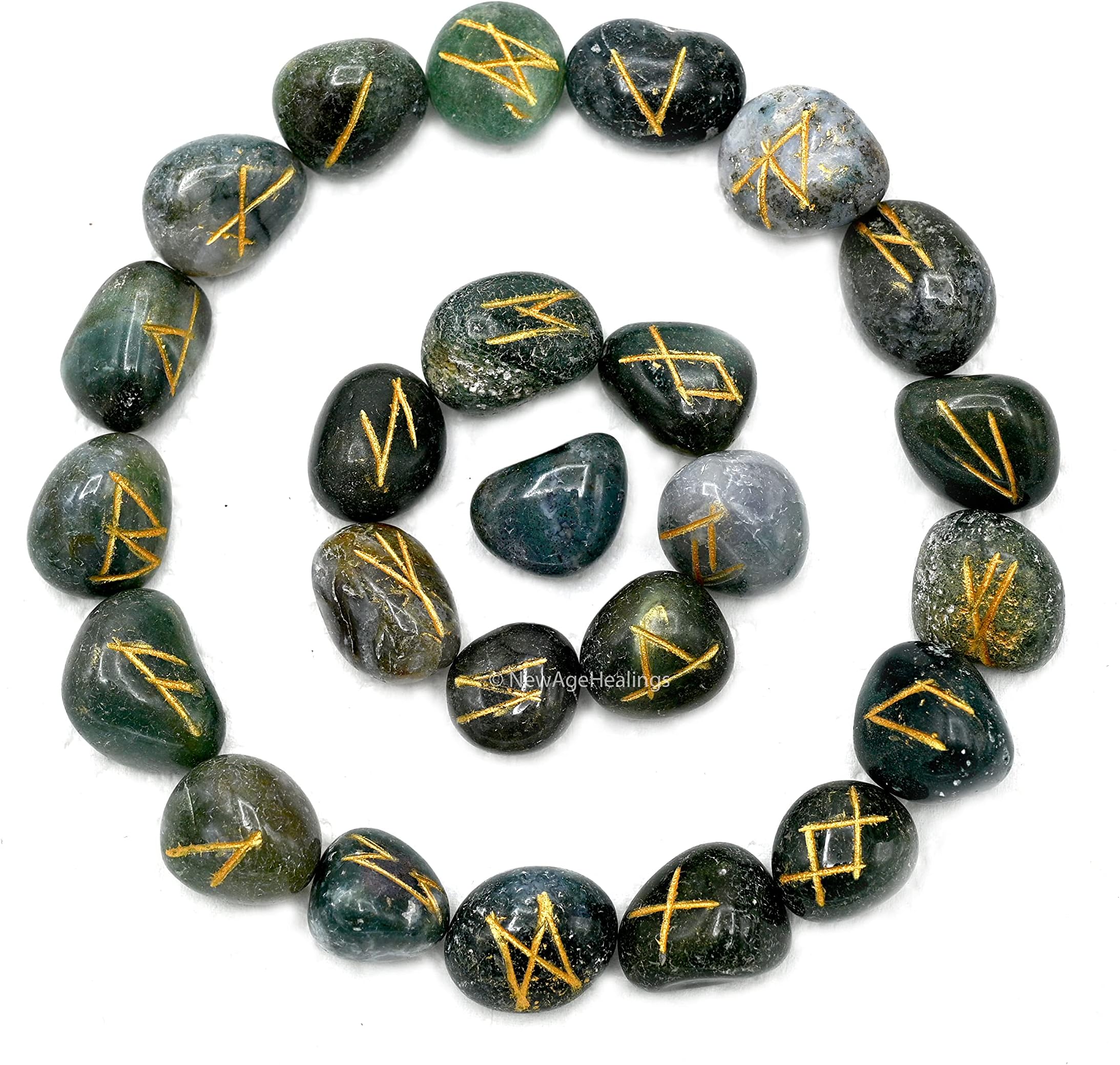 Amazon.com: Moss Agate Runes Crystal Runes Set of 25 Engraved Rune ...