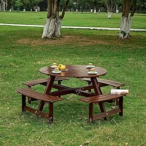 Amazon.com : JOYBASE 8-Person Wooden Picnic Table, Outdoor Round Table with Built-in Benches and ...